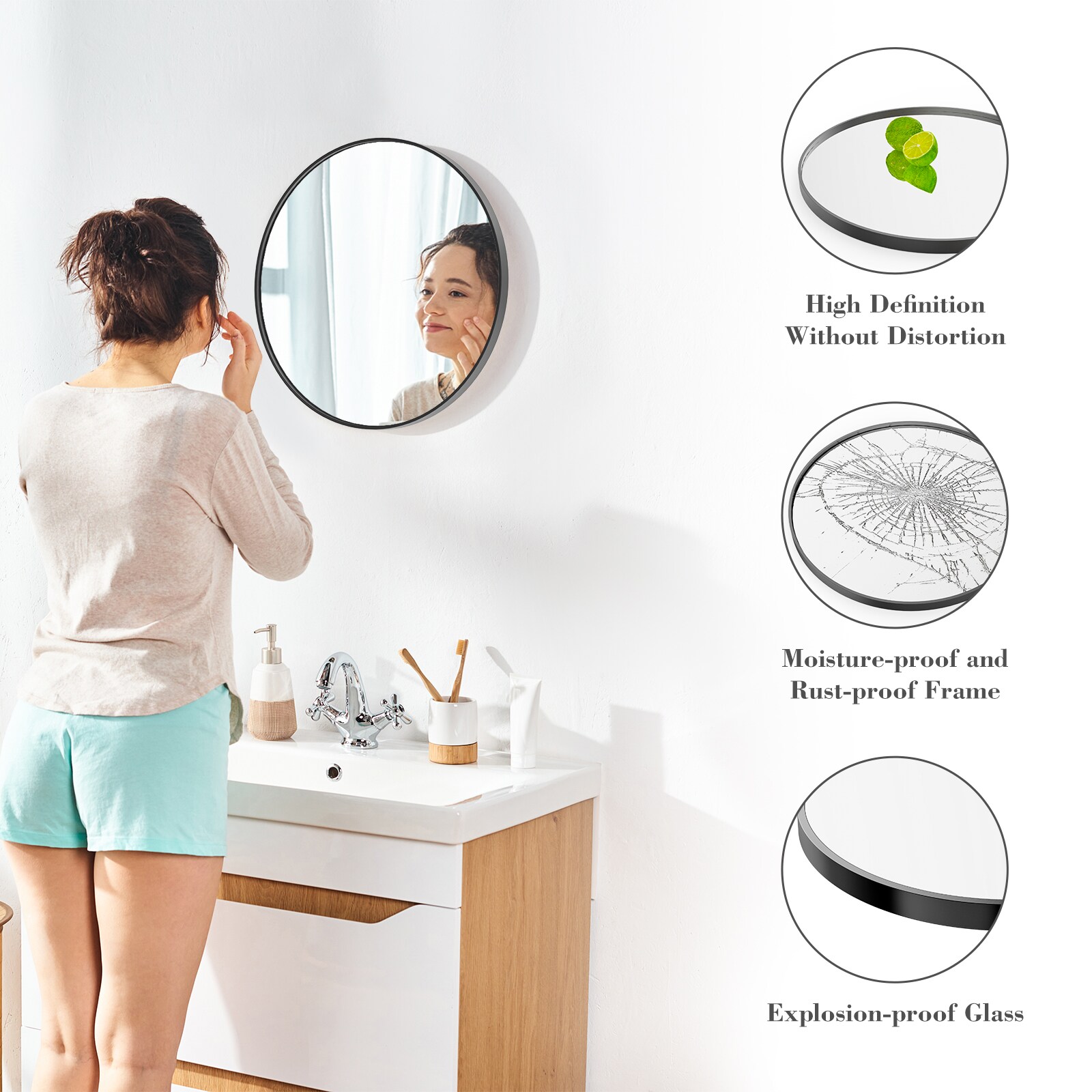 Wooakway 20-Inch Black Round HD Wall MirrorShatterproof Bathroom Mirror ...