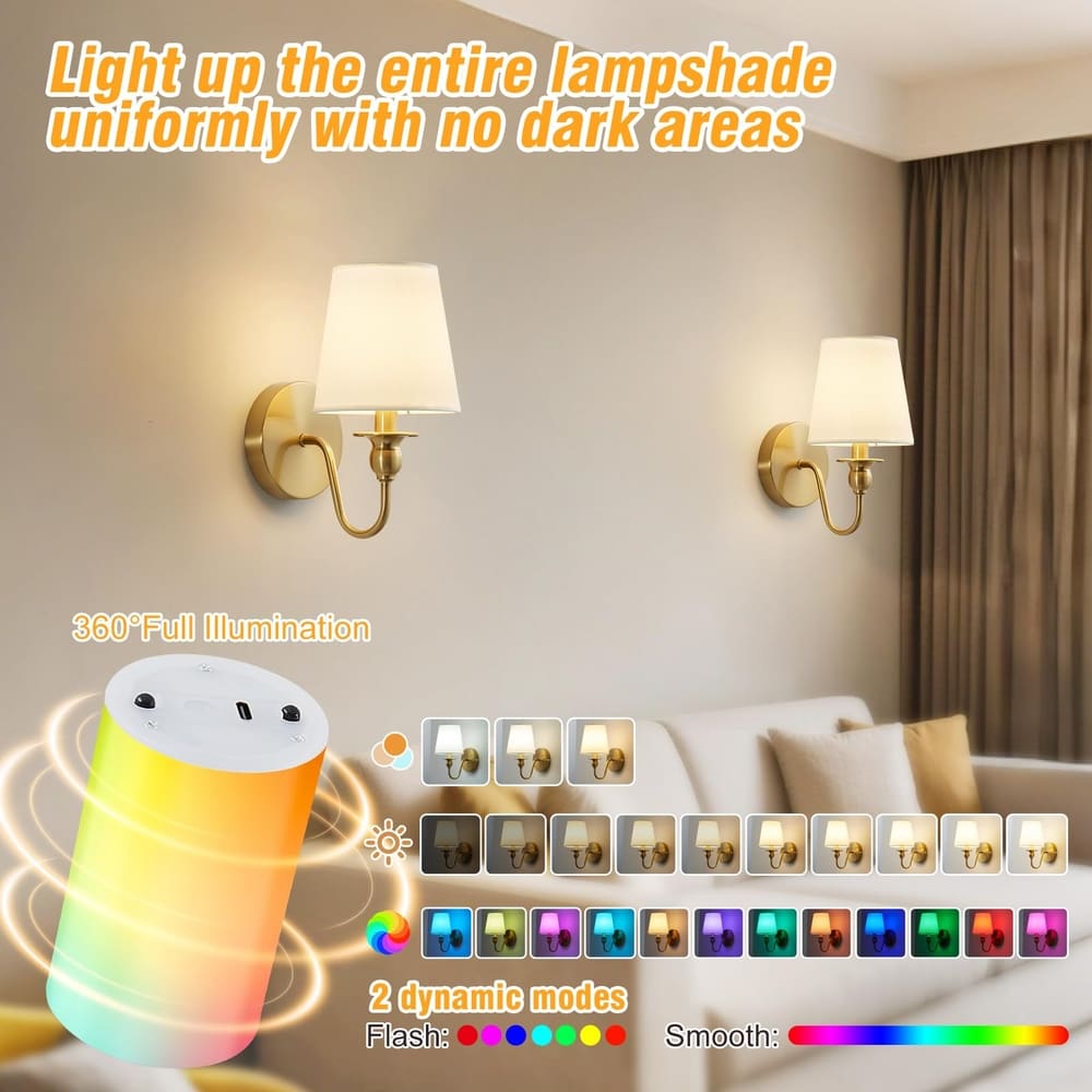 Aoibox Set of 2 Wireless Wall Sconces Battery Operated 15 Color ...