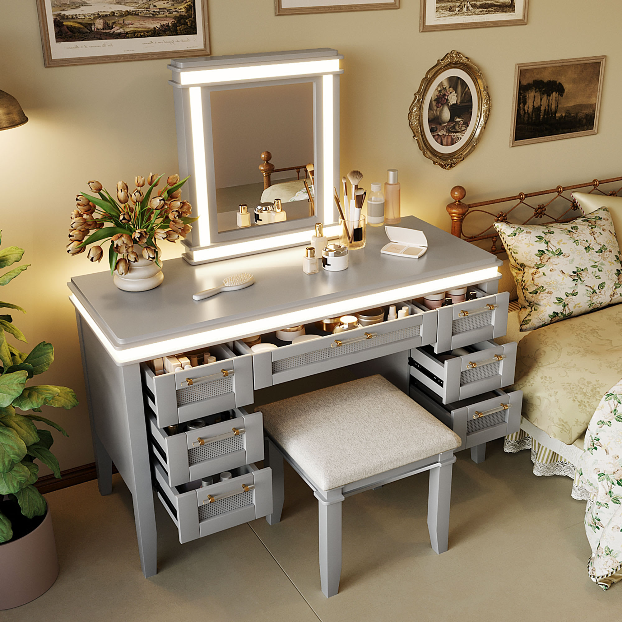 Vynxaria 2-Piece Grayish Blue Vanity Desk Set with Lighted Mirror 7 ...