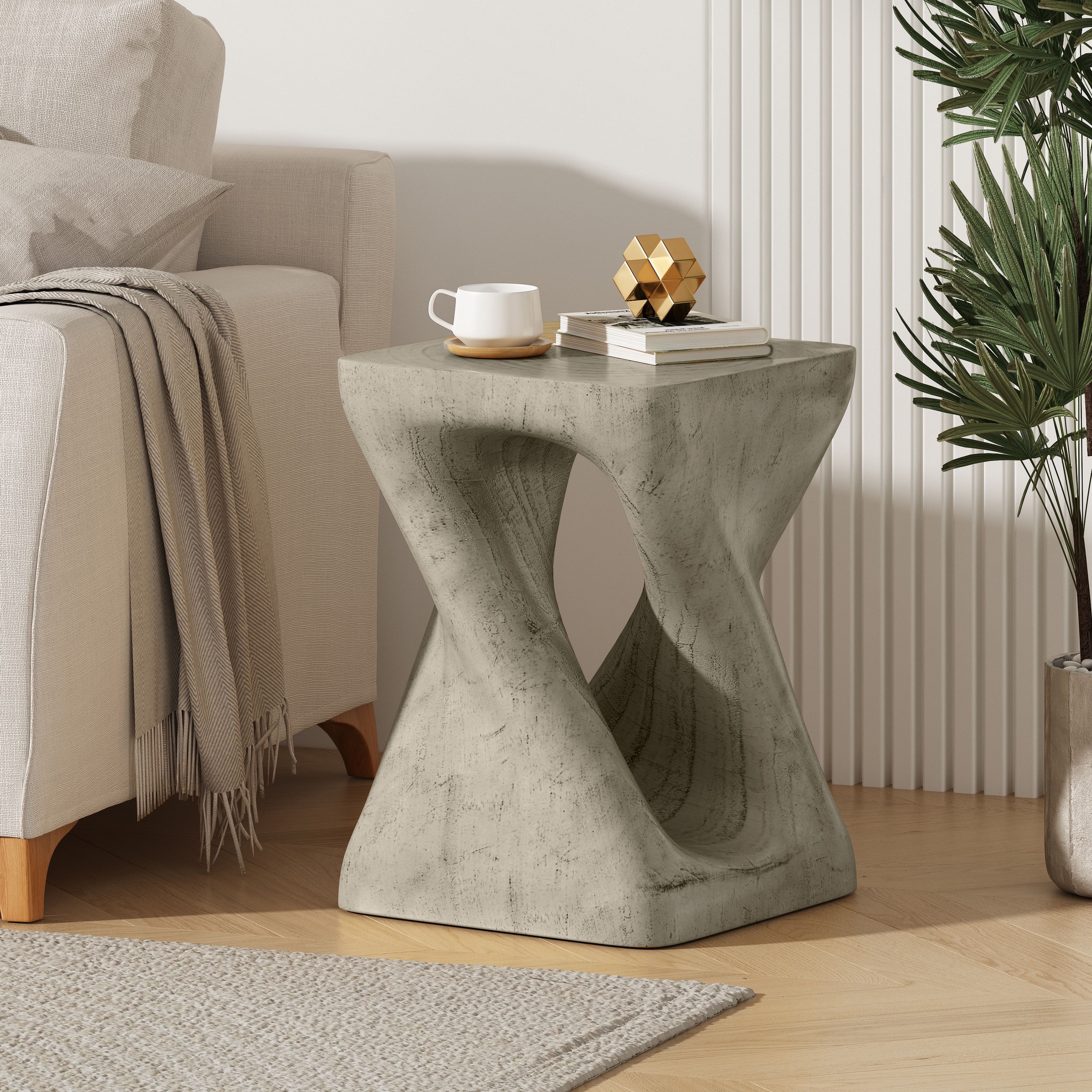 LOVMOR Unique Twisted Spiral Side Table with Wood-Grain Finish Durable ...