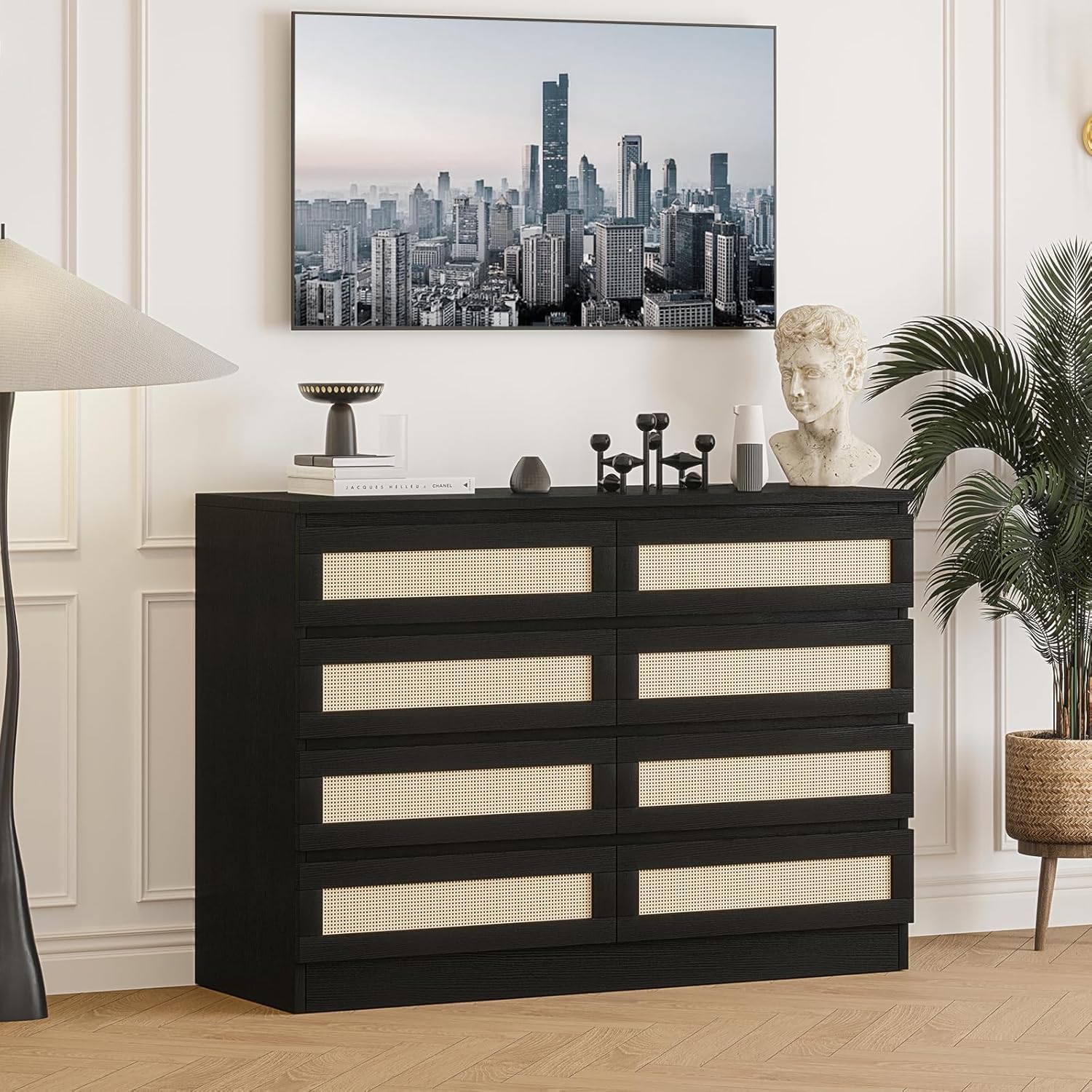 GAOMON Black Rattan Eight Drawer Double Dresser Modern Wooden Storage ...