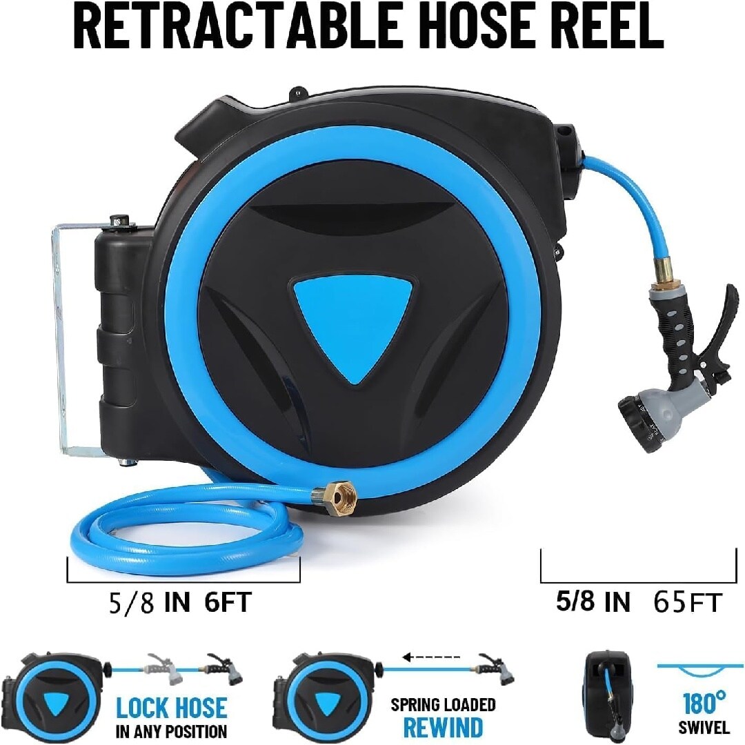 Qeetex Garden Hose Reel Five Eighths Inch 82Foot Auto Rewind Slow ...