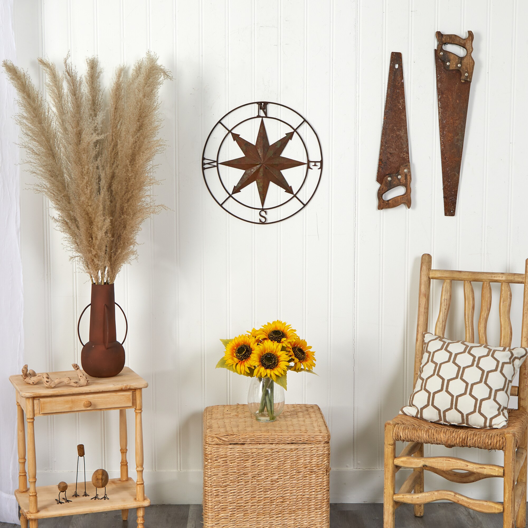 Nearly Natural 18-in Rustic Nautical Metal Compass Wall Art Decor in ...