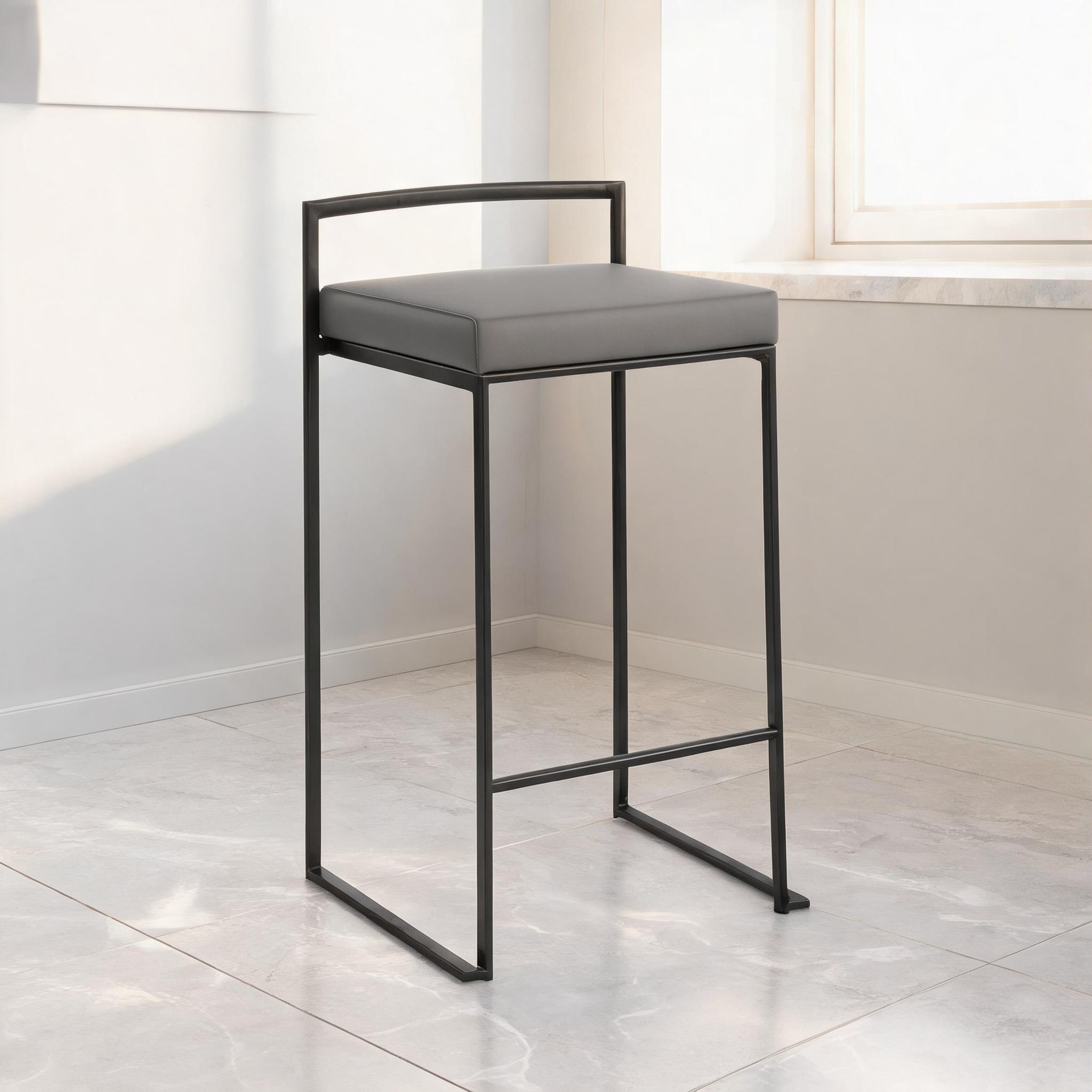 Watnature Sleek Stackable Black Metal Counter Stools with Cool Gray ...