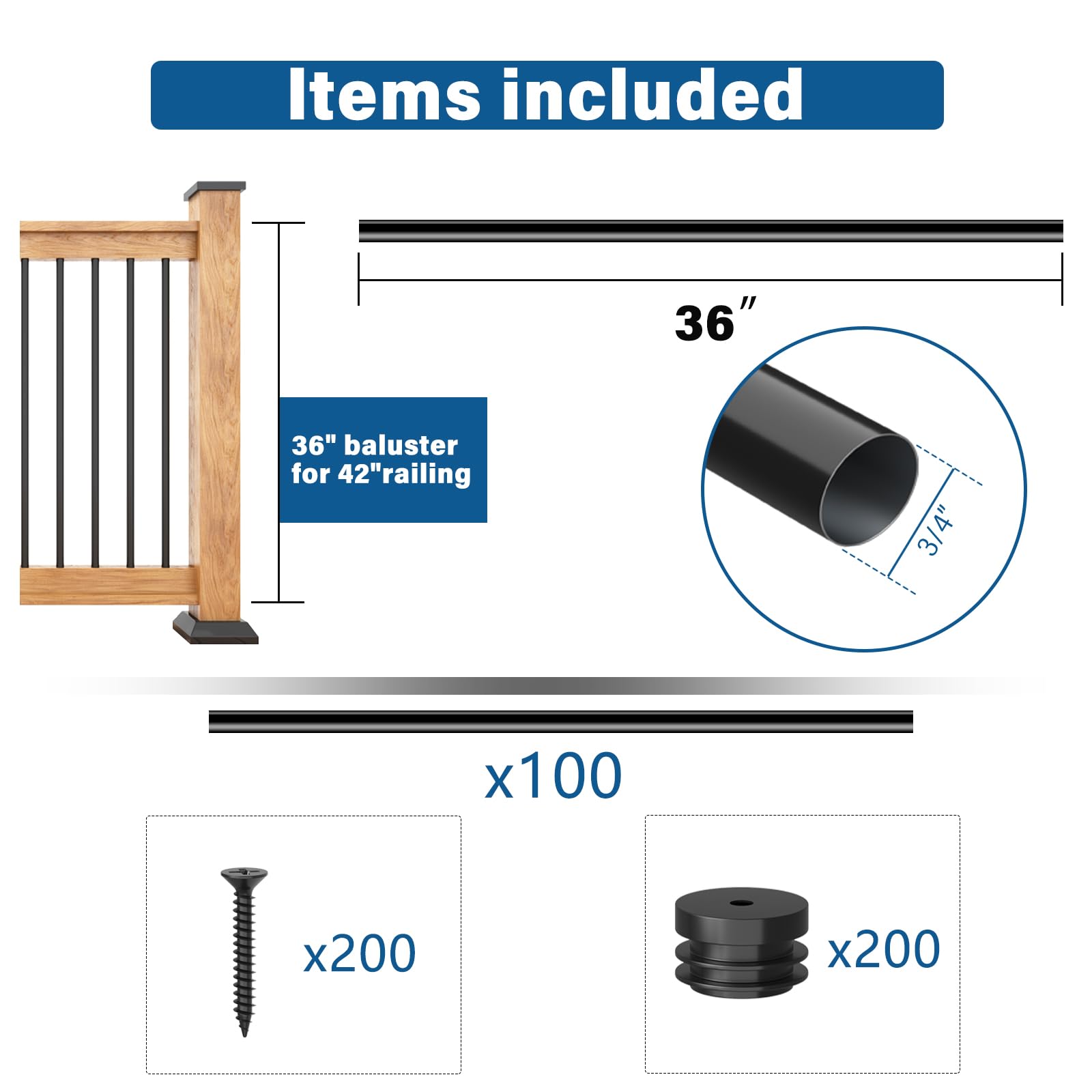 LOVMOR 100-Pack 36 inch x 0.75 inch Iron Deck Balusters Hollow Round ...