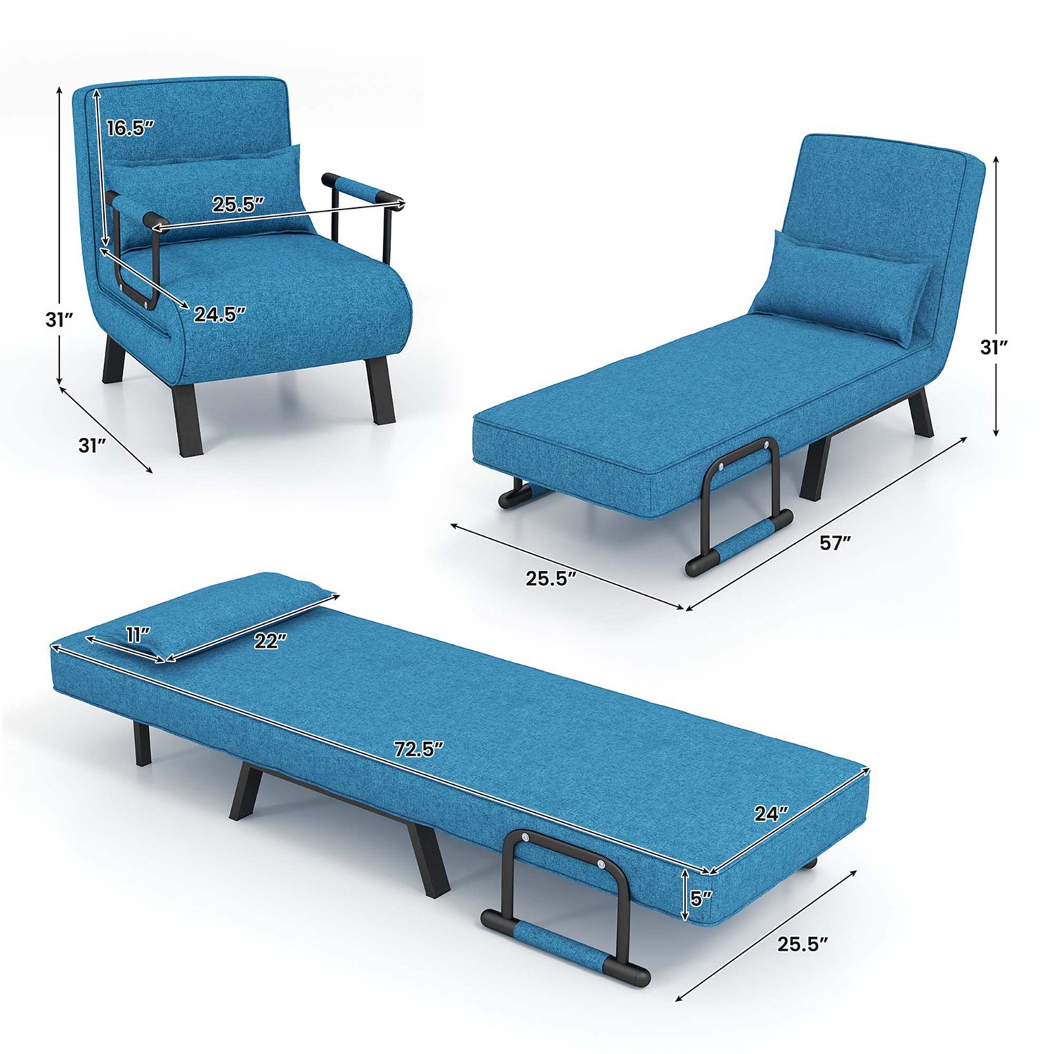 Costway Folding 6 Position Armchair Lounge Couch Convertible Sleeper ...