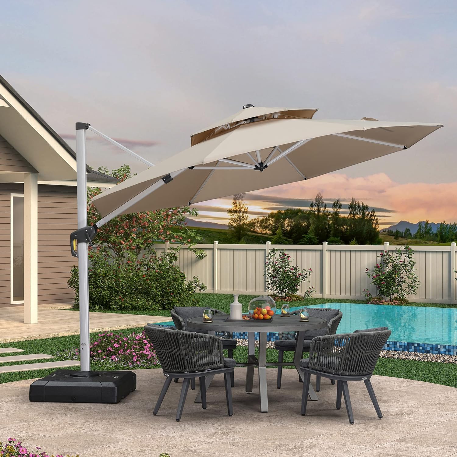 PURPLE LEAF 11-ft Aluminum Beige Crank Cantilever Patio Umbrella with ...