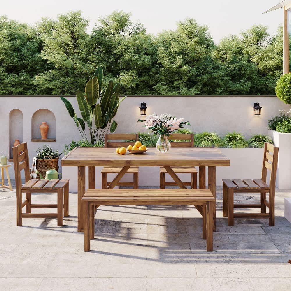 Coolbibila Modern Minimalist 6-Piece Natural Acacia Wood Outdoor Dining ...