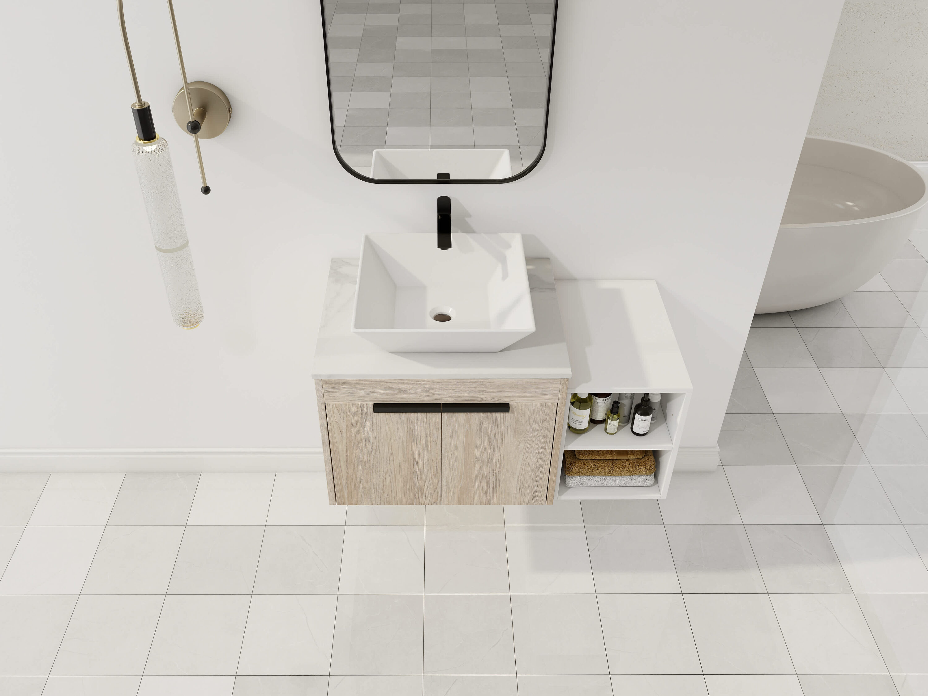Vynxaria 36 in Single Elevated White Oak Plywood Bath Vanity with White ...