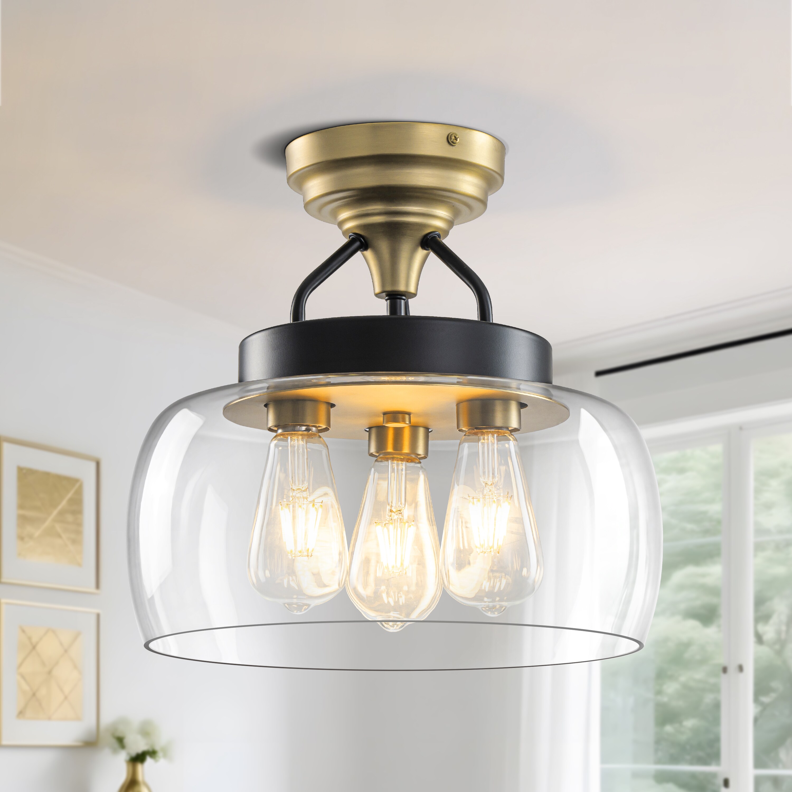GoYeel 13.8-in Black and Gold Indoor 3 -Light Flush Mount Light with ...