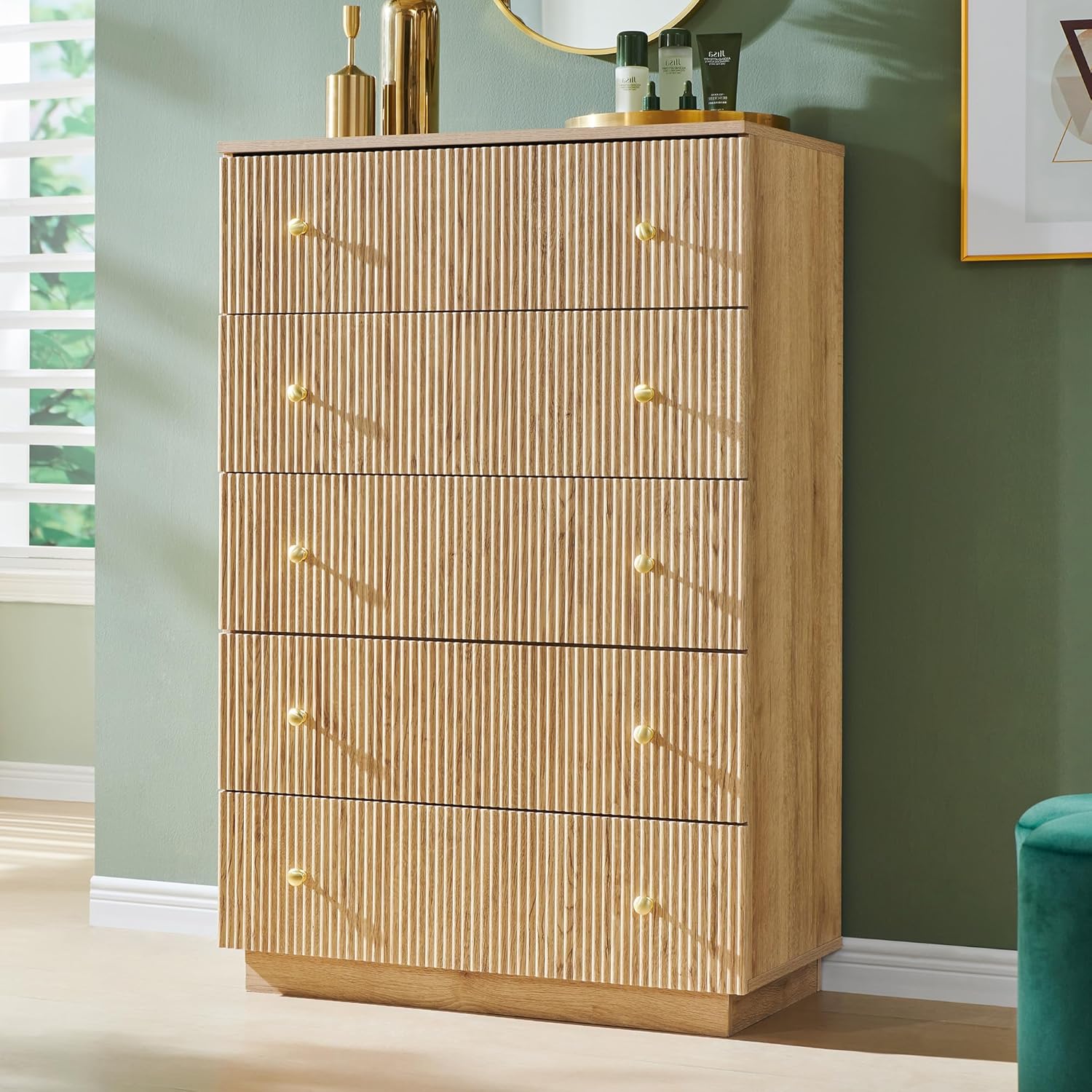 DecorUHome Fluted Dresser with 5 Drawer Dressers Wood Tall Chest of ...