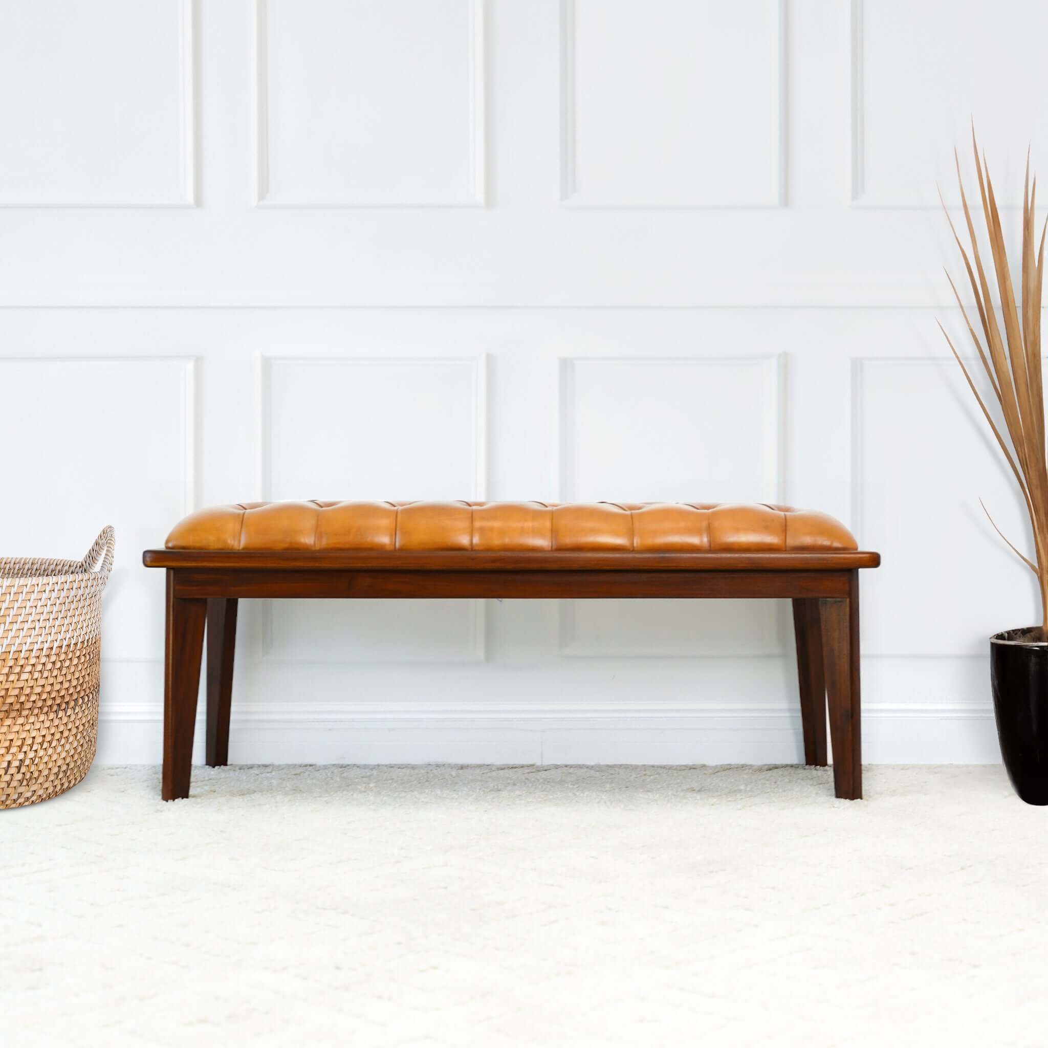 GDFStudio Arden Modern Genuine Tan Leather Bench with Button Seat and ...