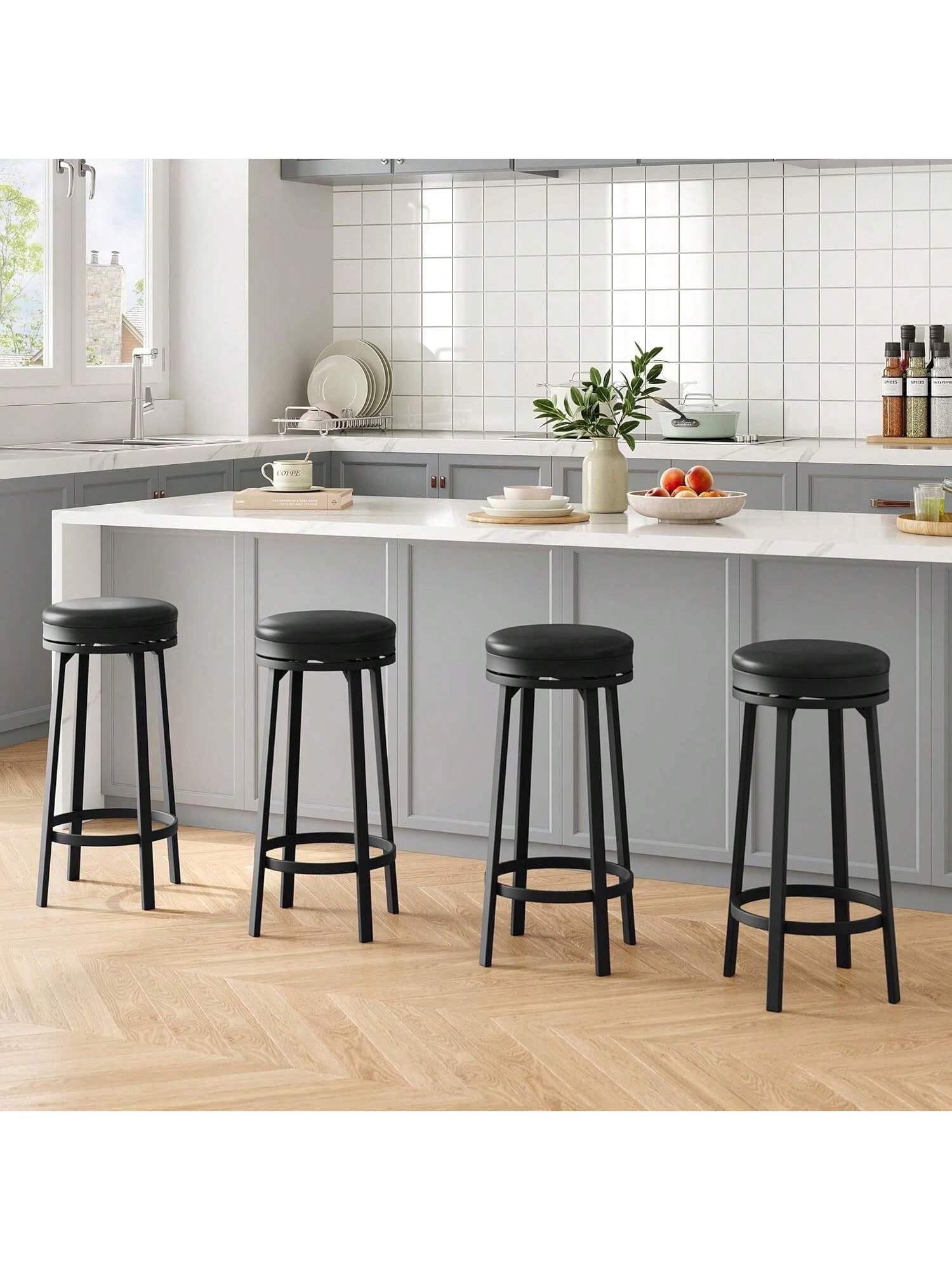 Qeetex 4 PCS Home Kitchen 360 Degrees Swivel Bar Stool Set Of 4 PU ...