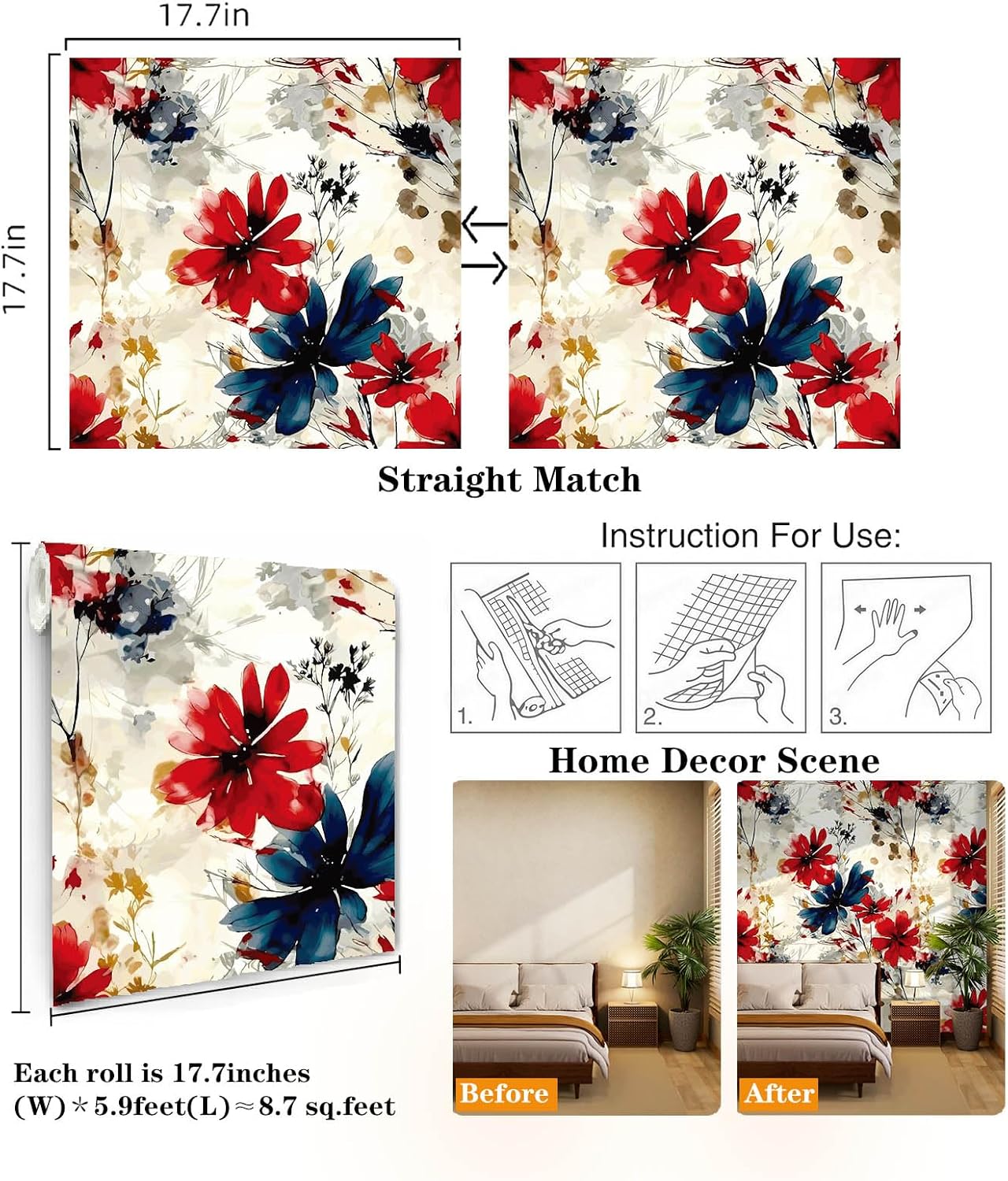 BaoHArtHome Large Red Floral Peel and Stick Wallpaper Vintage Removable ...