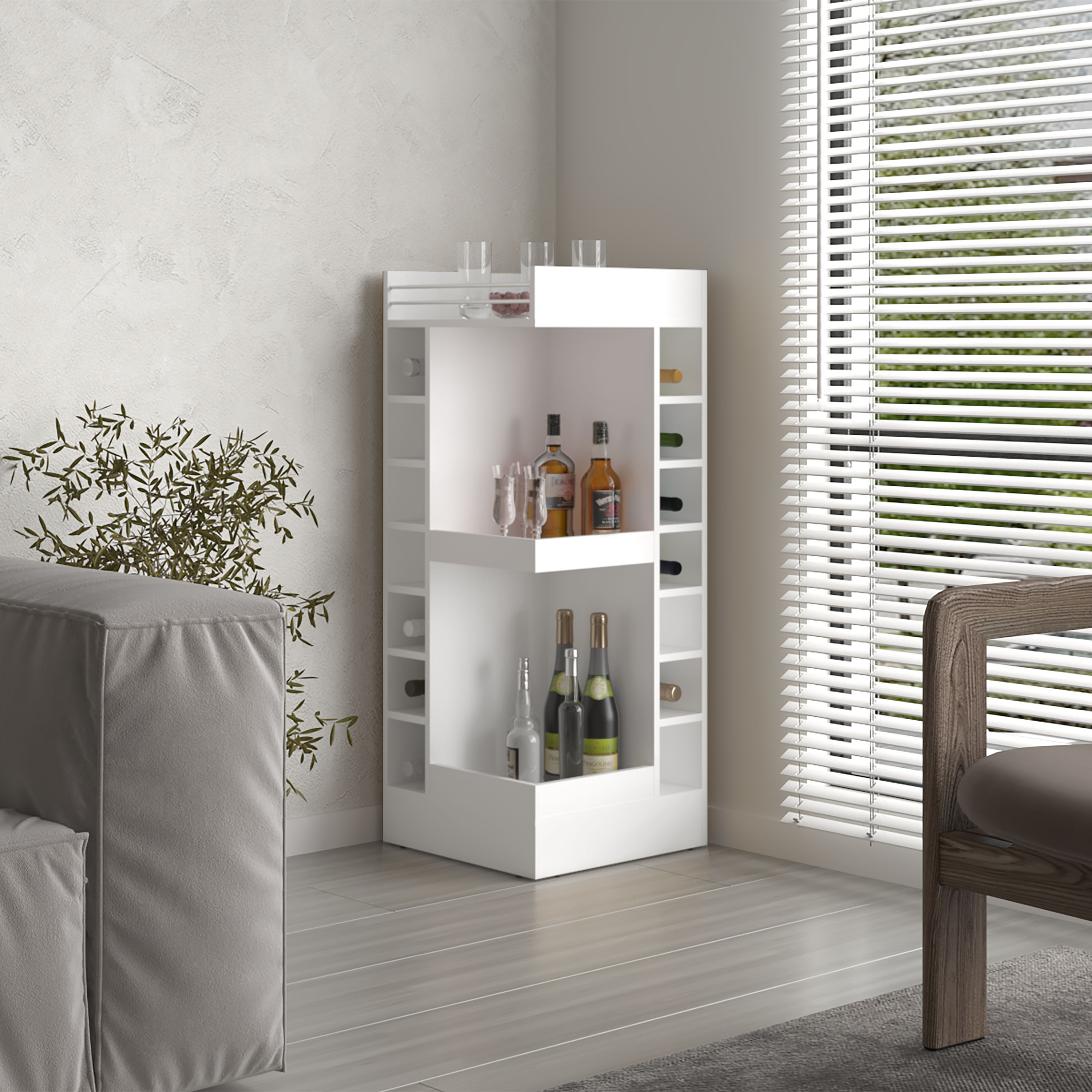 JEAREY 46 Inch Tall 3 Tier Corner Bar Cabinet with Wine Cubbies White ...