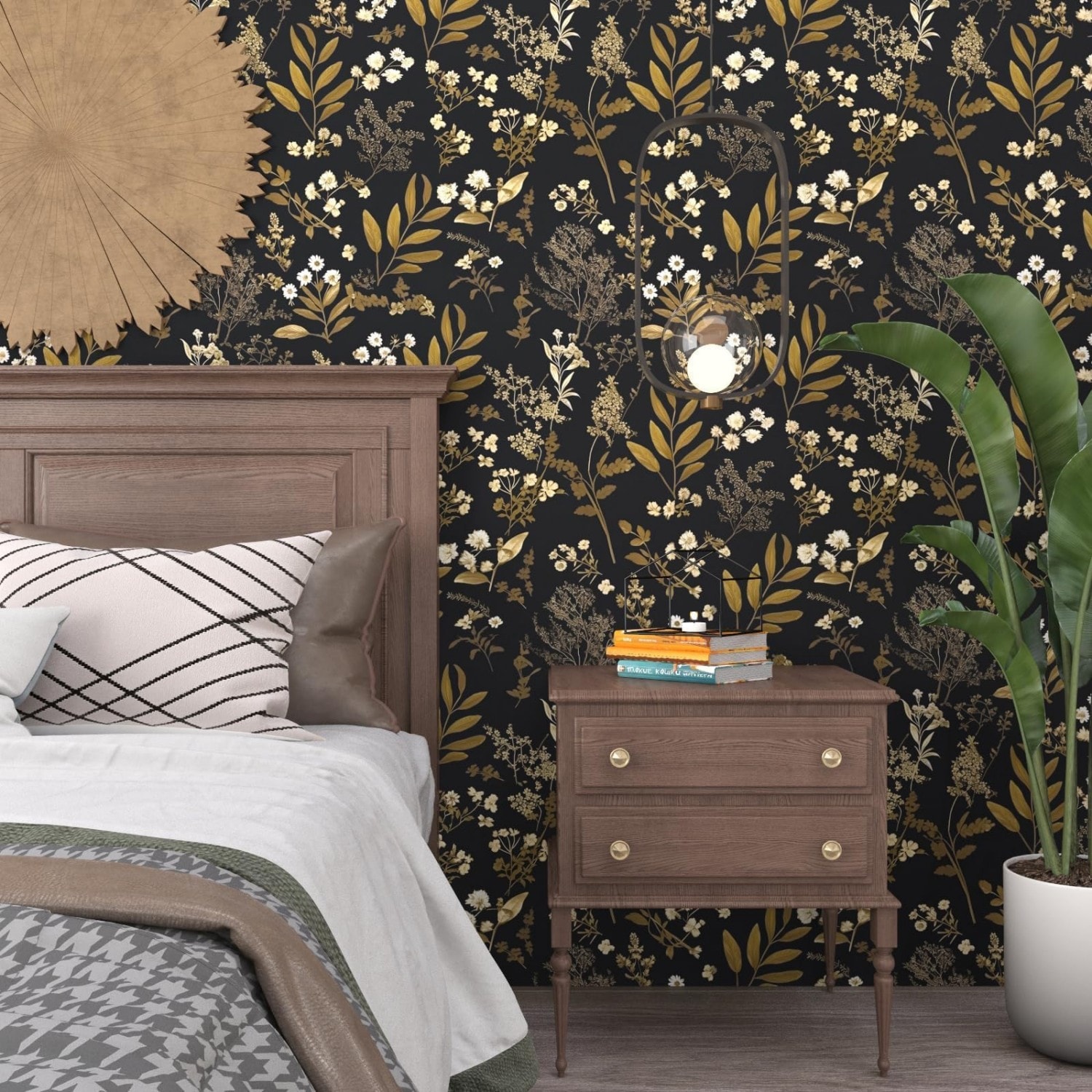 Wudkey 17.5 in x 118 in Black Floral Gold Leaf Peel and Stick Wallpaper ...
