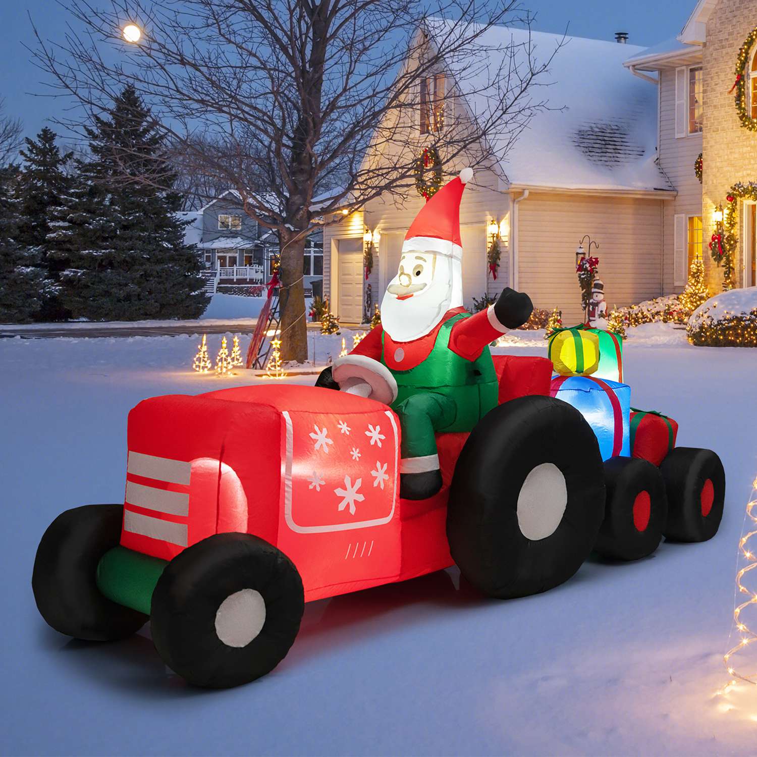 Costway 9 FT Long Christmas Inflatable Santa Claus Driving Tractor with ...