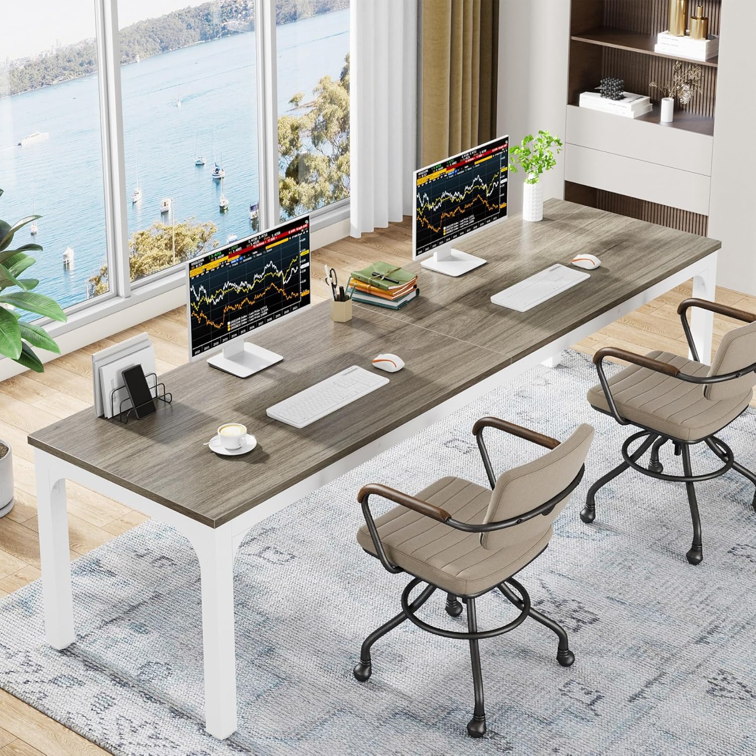 Tatayosi Oak and White Extra Long 2-Person Computer Desk Modern Double ...