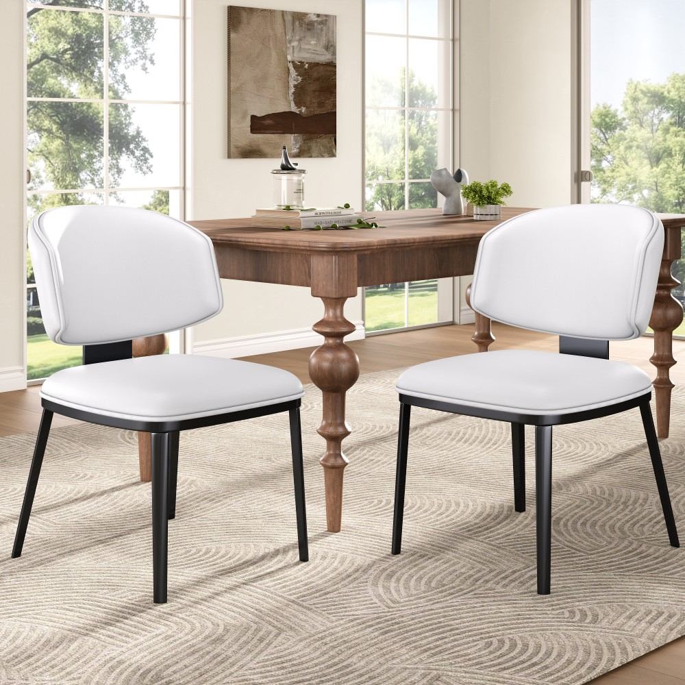 Coolbibila White PU Leather Dining Chairs Set of 2 with Black Metal ...
