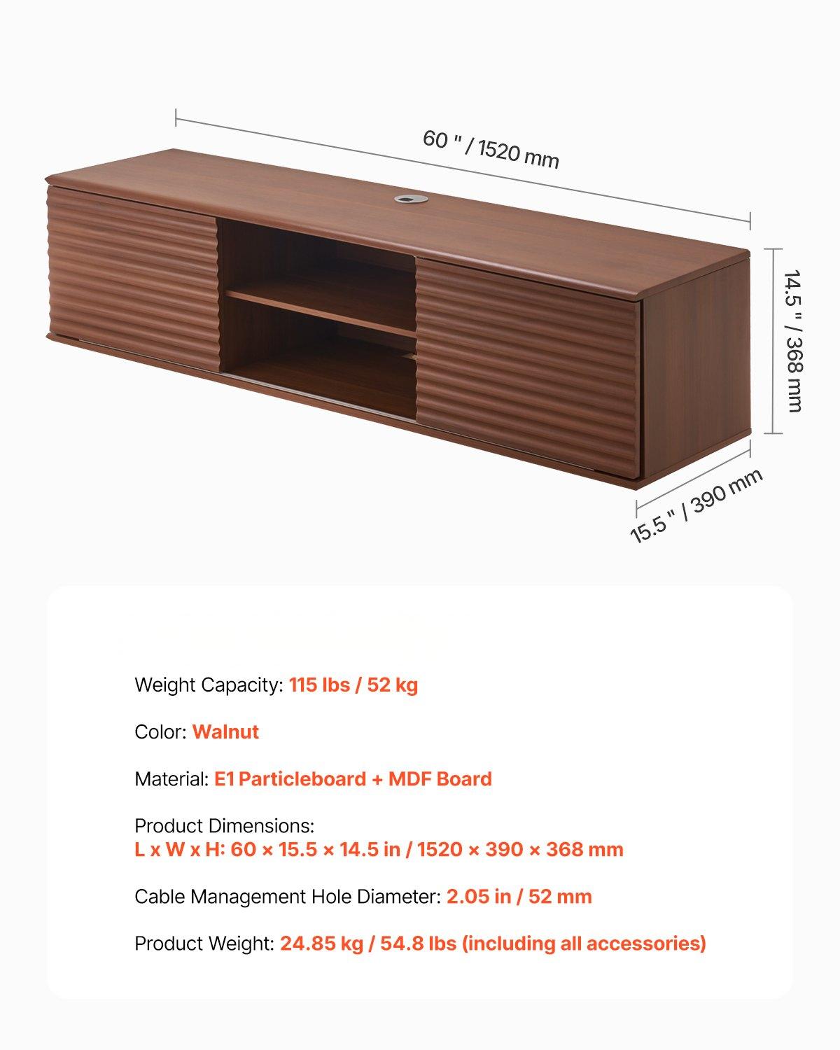Mecale 60-in Wall Mount Floating TV Stand Walnut 2-Tier with Adjustable ...