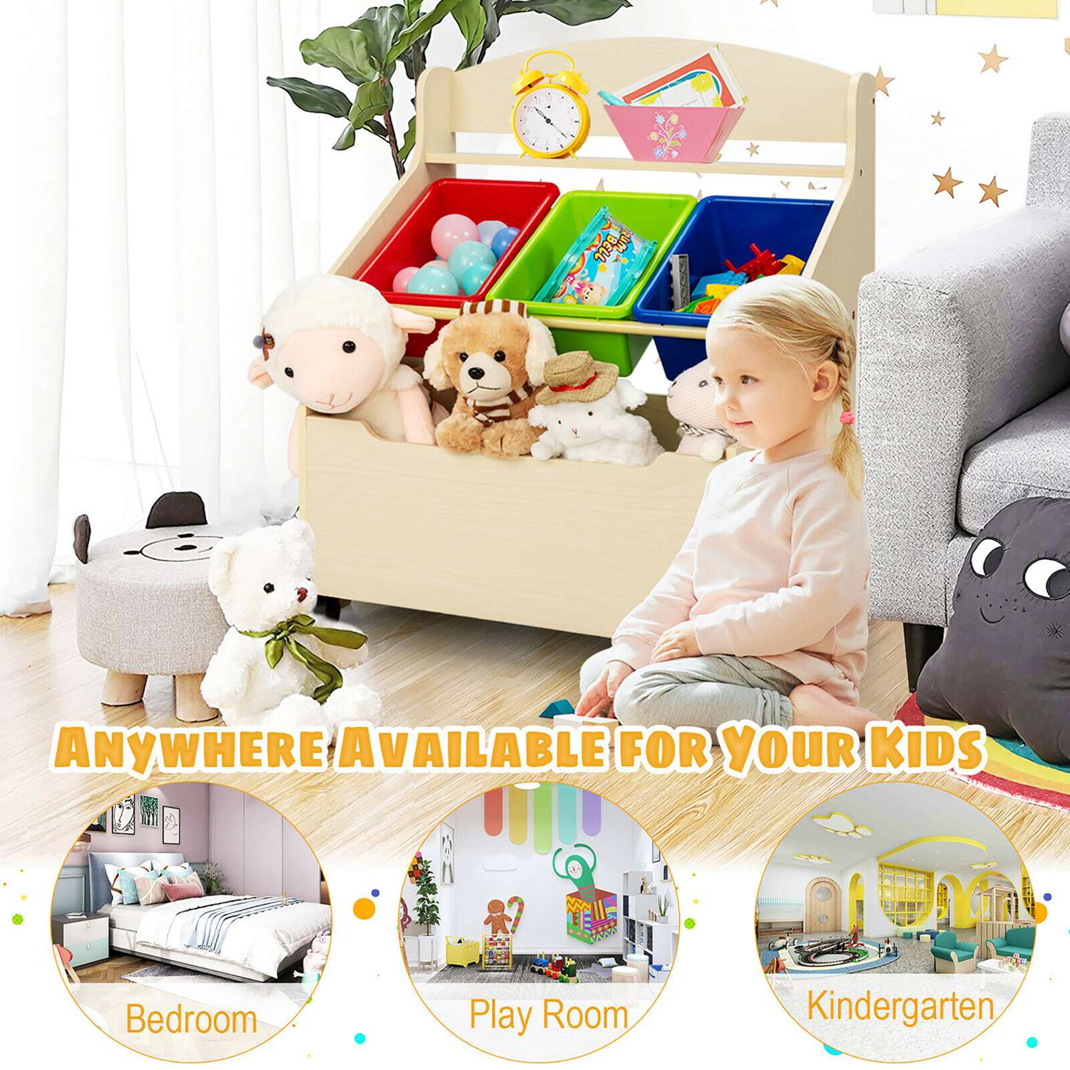 Costway Kids Wooden Toy Storage Unit Organizer w/Rolling Toy Box and ...