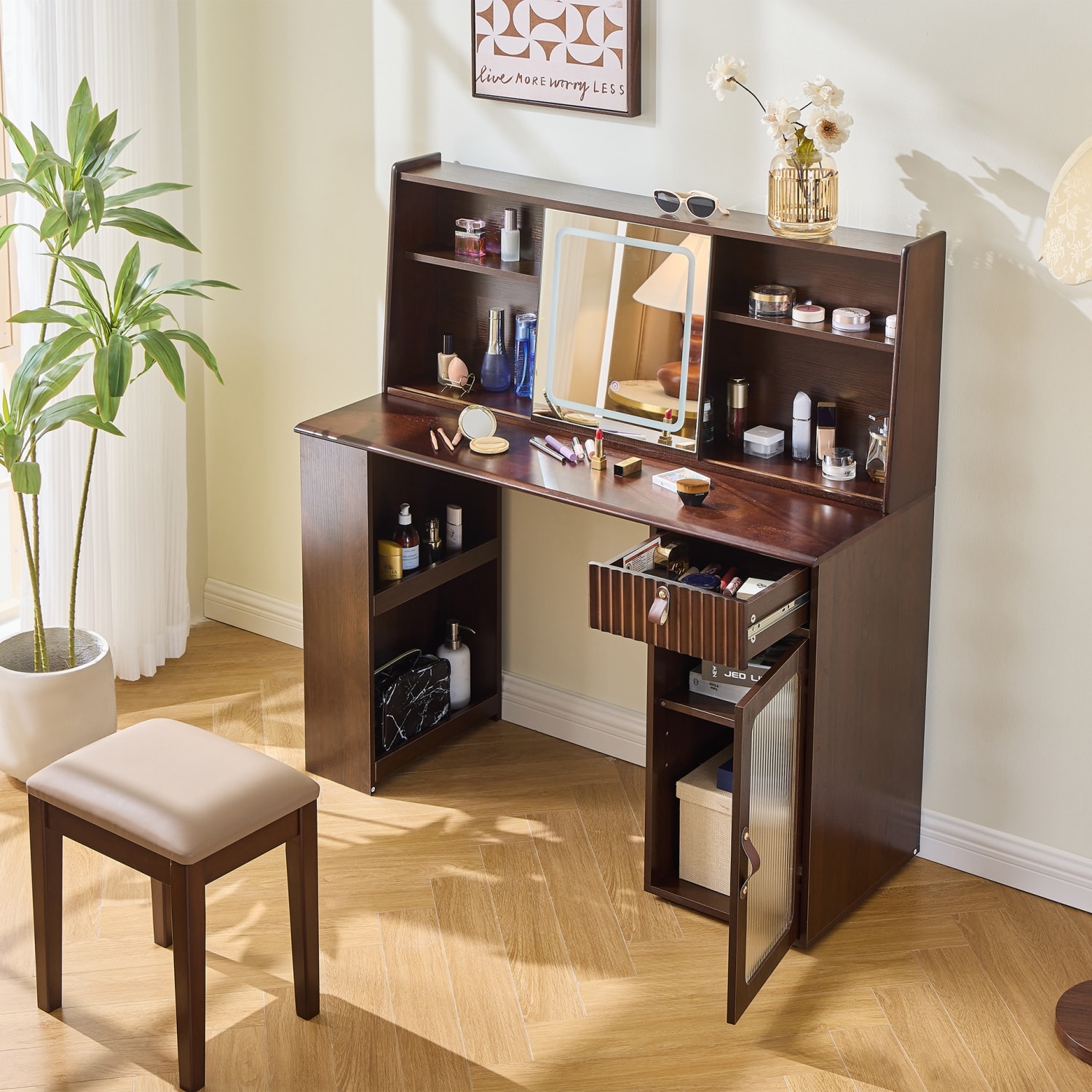 Wooakway Walnut Makeup Vanity Desk with Mirror Wood Dressing Table with ...