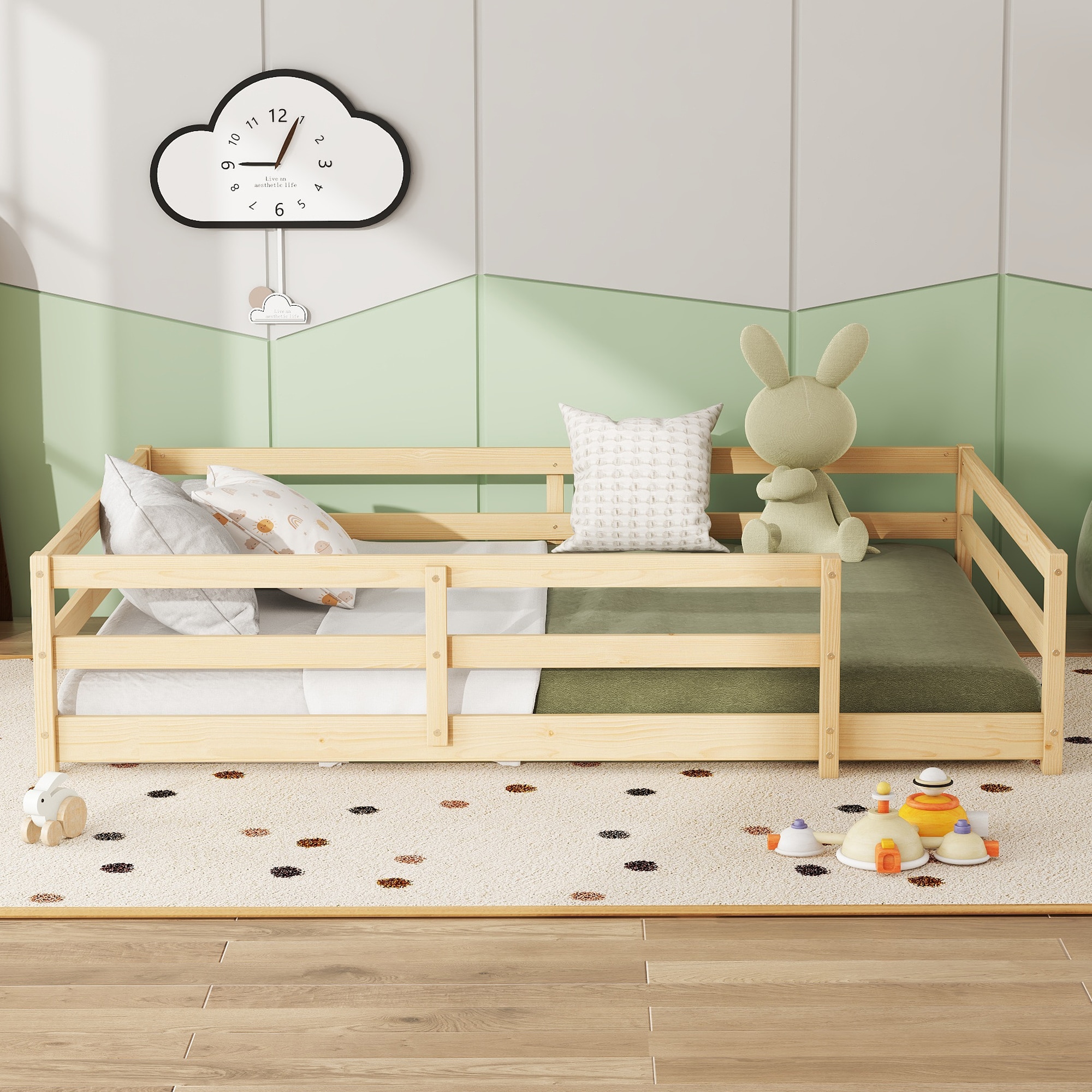GDFStudio Modern Full Size Wood Montessori Floor Bed with Safety Fence ...