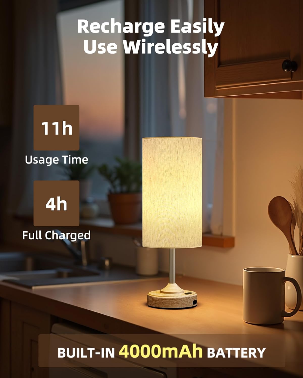EZVALO Cordless Table Lamp Bedside Dimable Touch Timer 2700K Bedroom ...