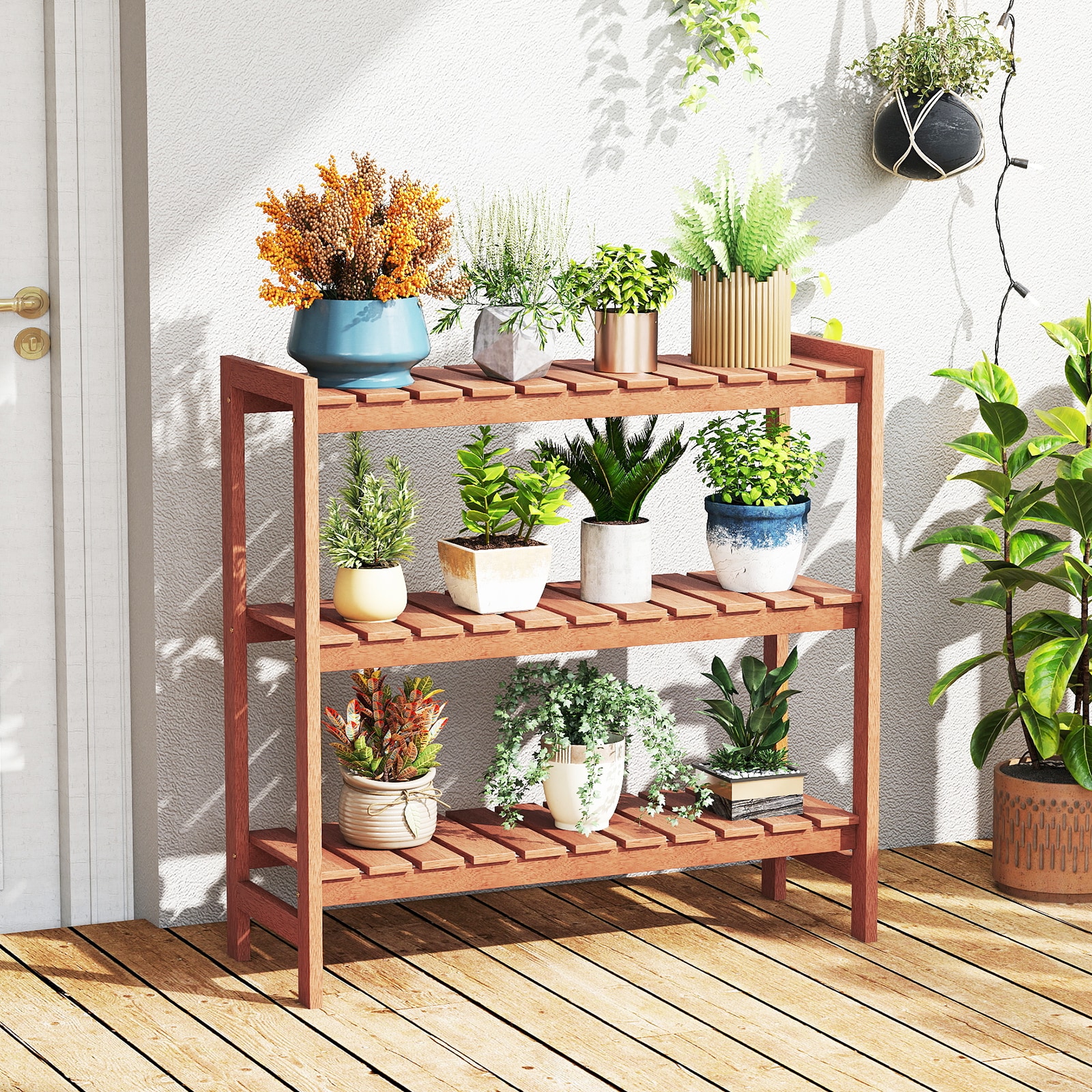 Costway 3-Tier Solid Wood Plant Stand with Slatted Shelves Take Oil ...
