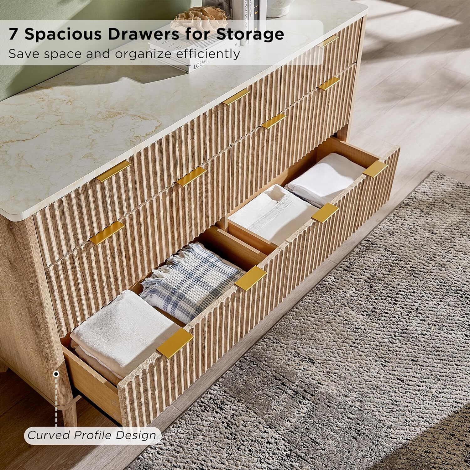 Garvee 54 Inch Wide Natural Oak Fluted Dresser With Seven Drawers Faux ...