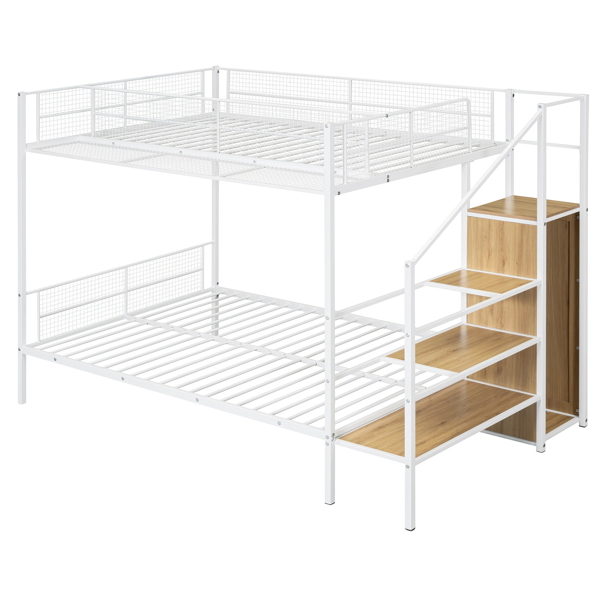 ModernLuxe Twin Over Full Metal Bunk Bed with Wire Shelving and Lateral ...
