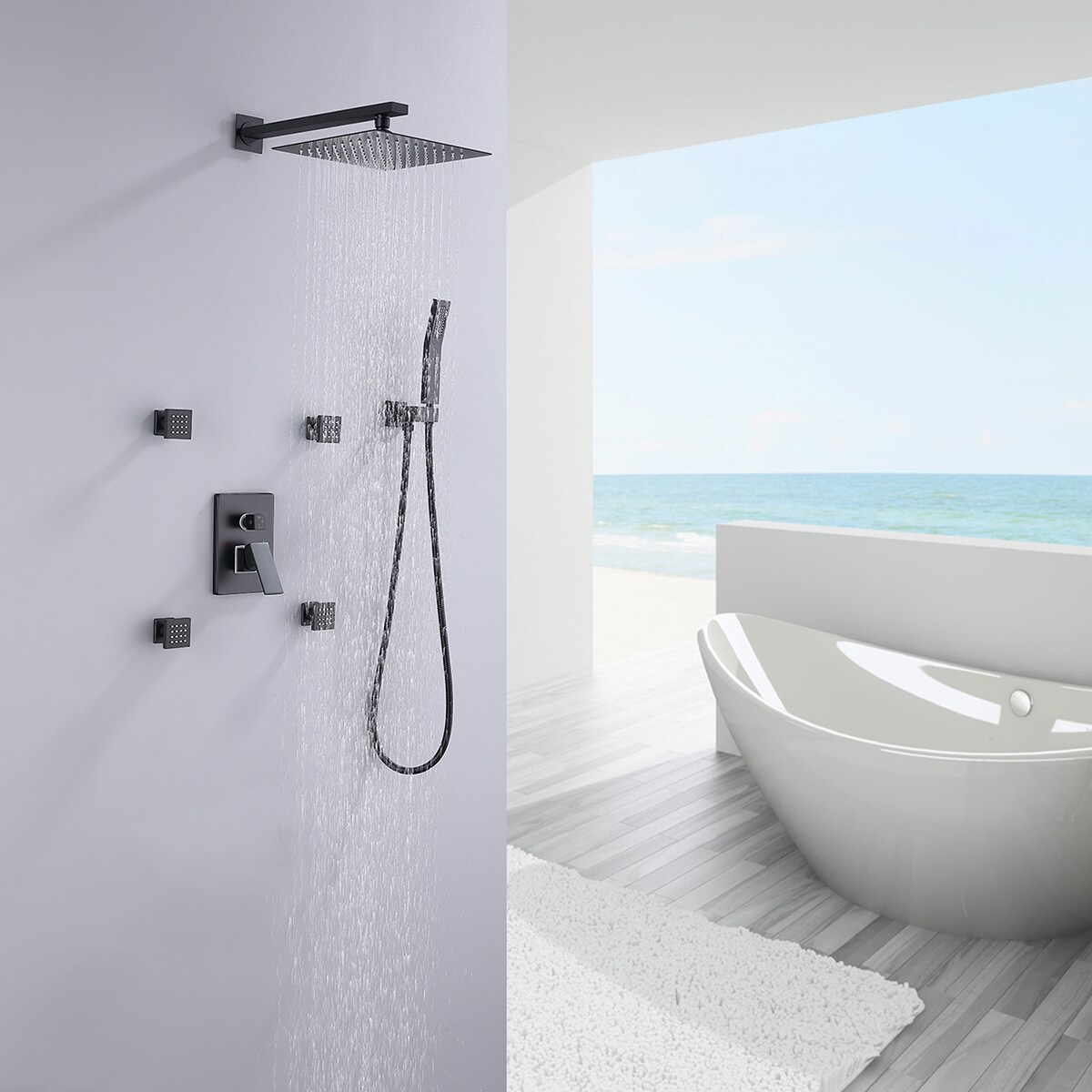 Wellfor Concealed Valve Showers System Matte Black Dual Head Waterfall