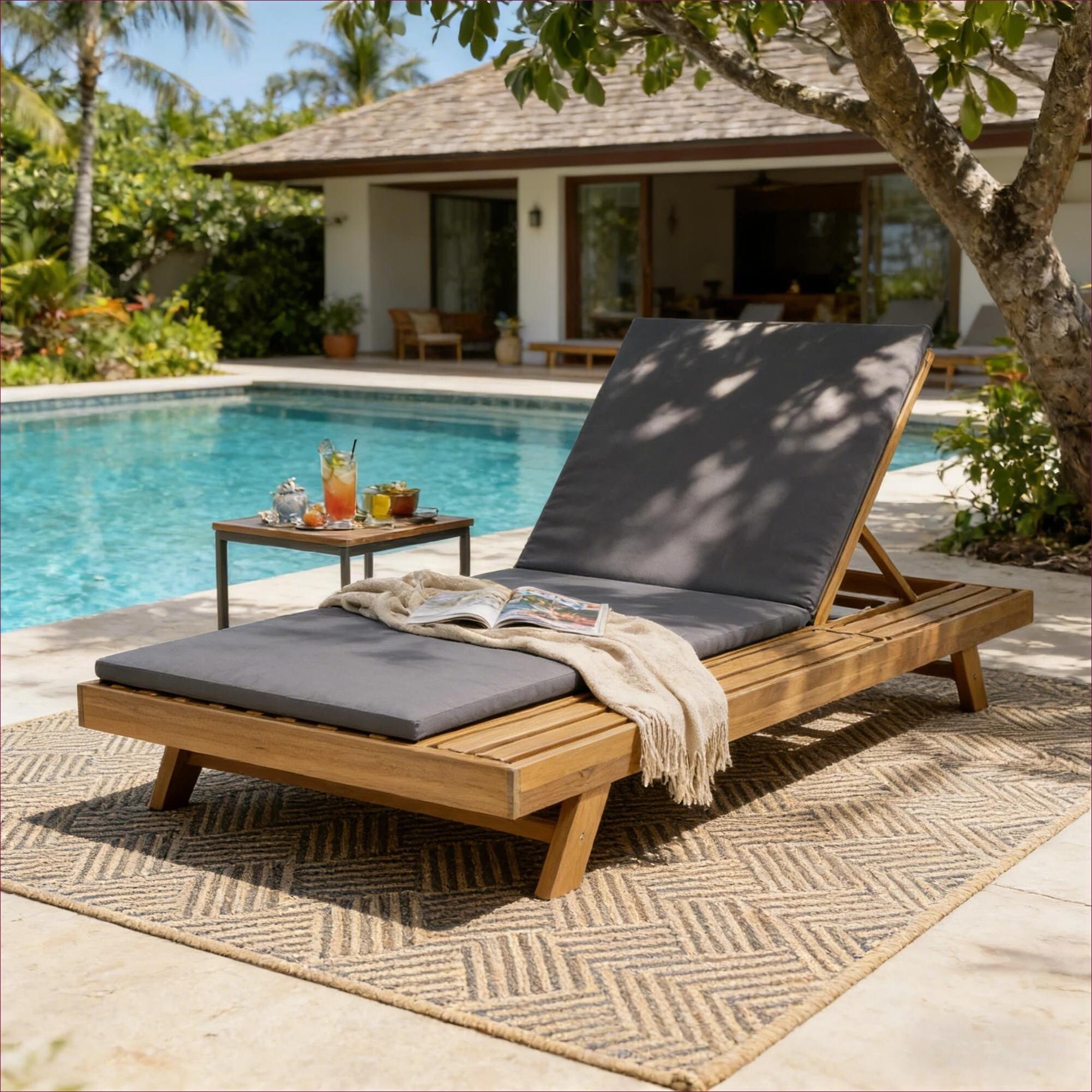 Watnature Patio Adjustable Lounge Chaise Solid Acacia Wood Frame ...