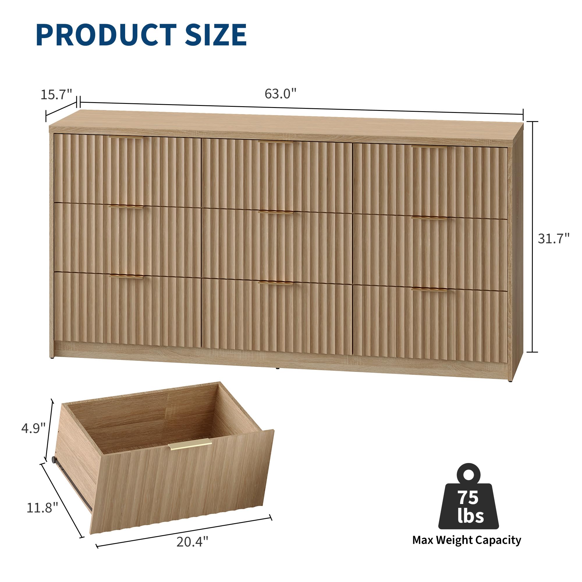GarveeLife 9 Drawer Fluted Dresser Large Wood Storage Chest Organizer ...