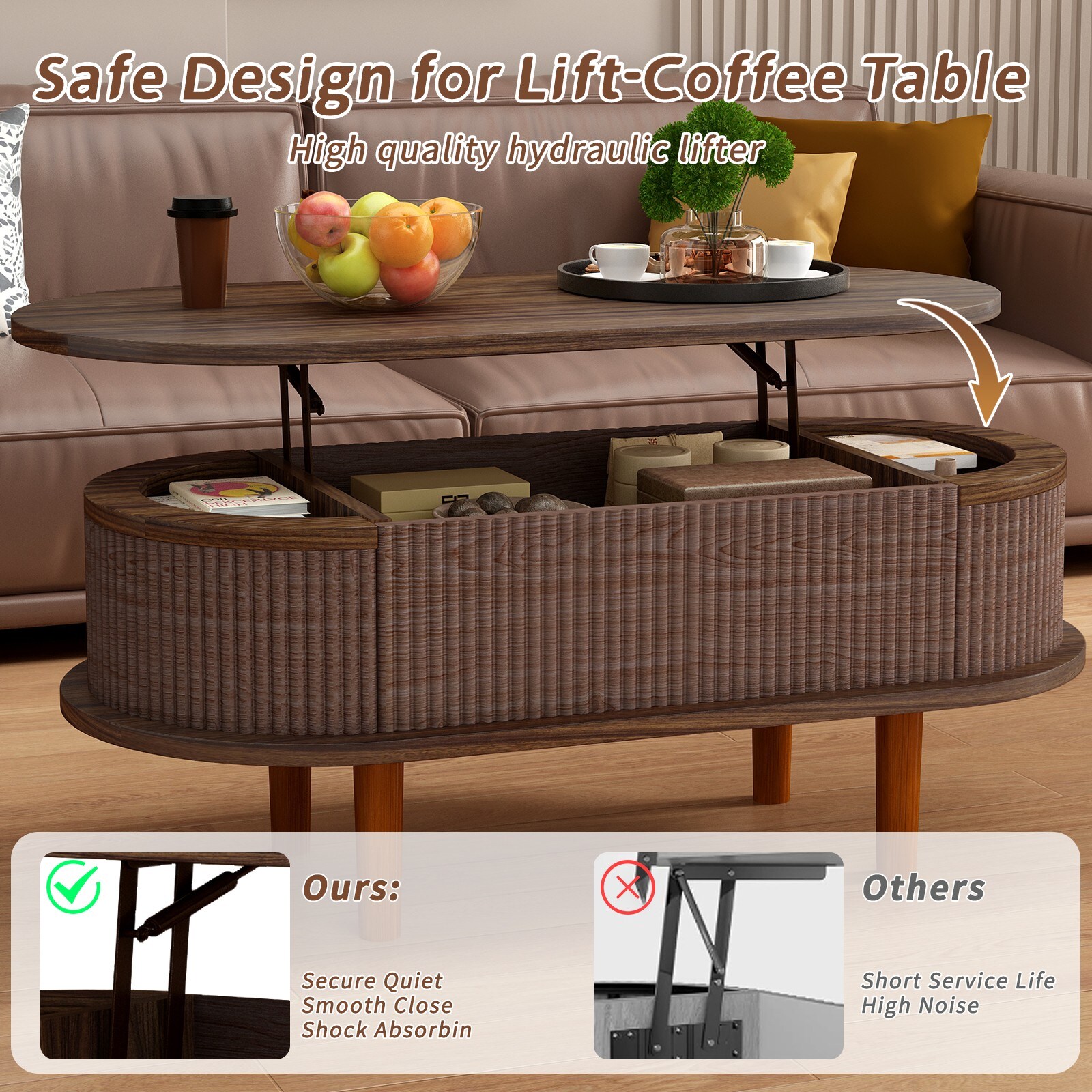 GlasFlength Lift Top Coffee Table Fluted Wooden Center Table with ...