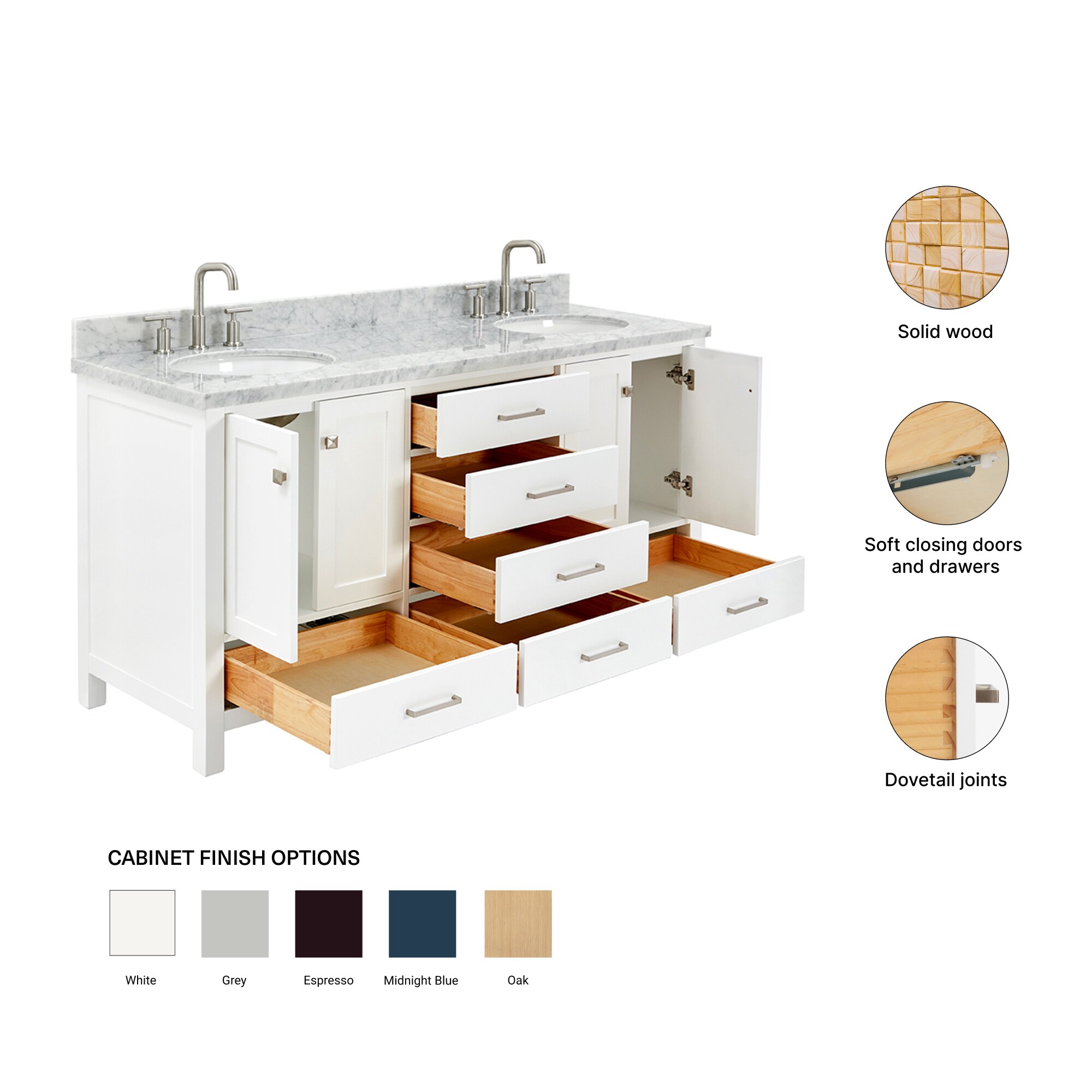 ARIEL Cambridge 66-in White Undermount Double Sink Bathroom Vanity with ...