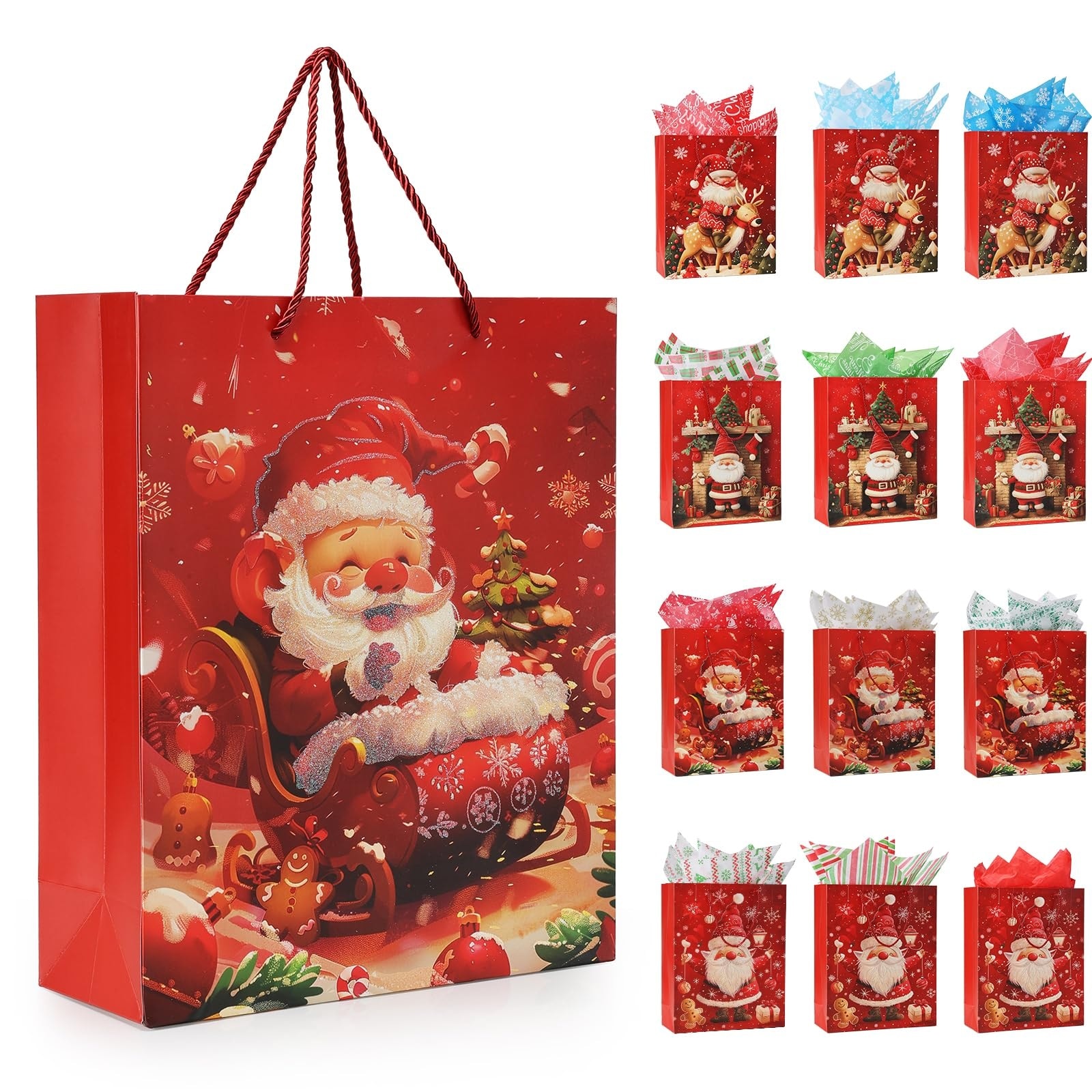 Afoxsos 12 Piece Red Mini Gift Bag Set with 12 Tissue Paper and 1 Satin ...