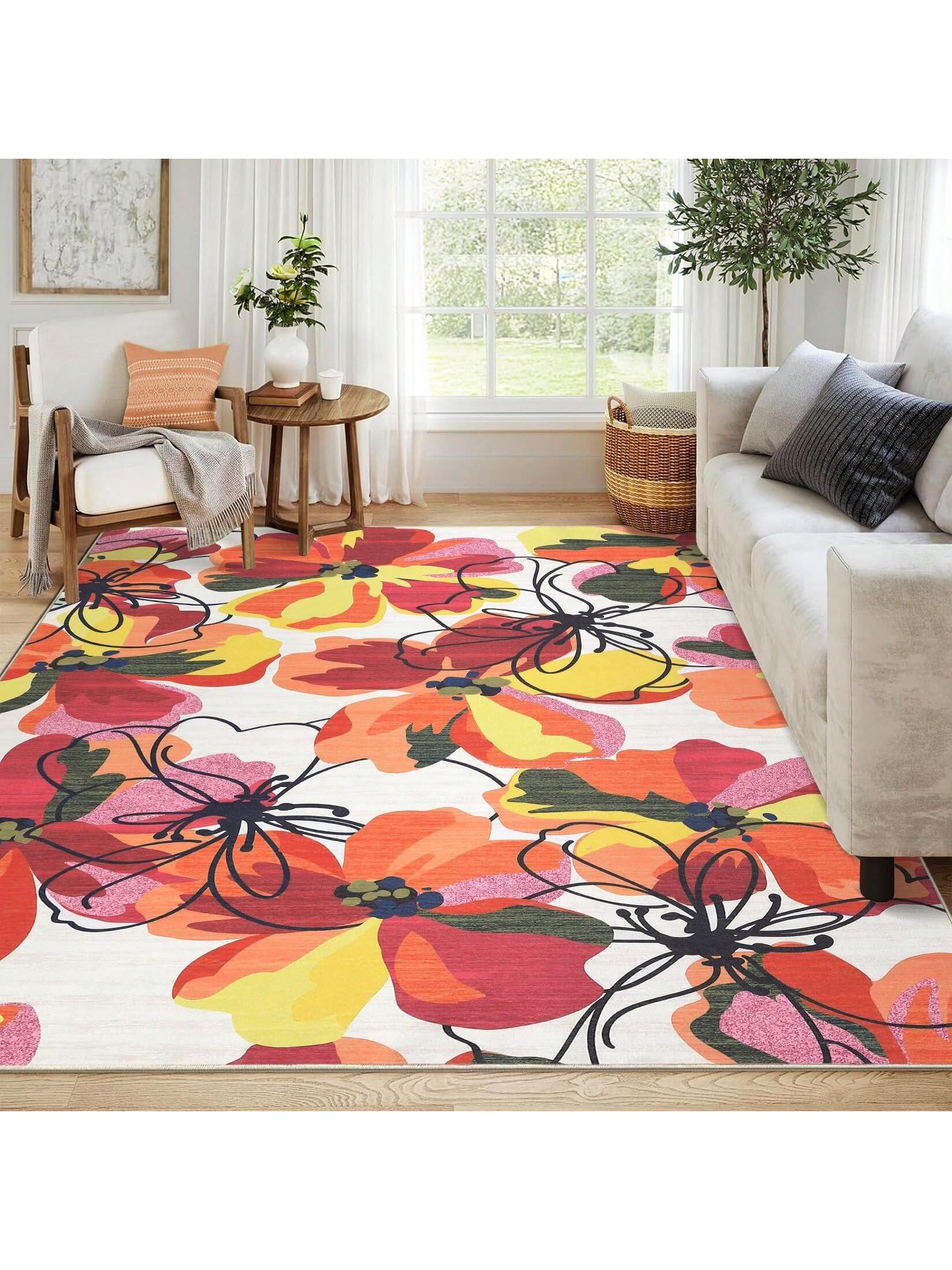Qeetex Washable Area Rugs. Modern Bright Floral Ultra Thin Non-Slip ...