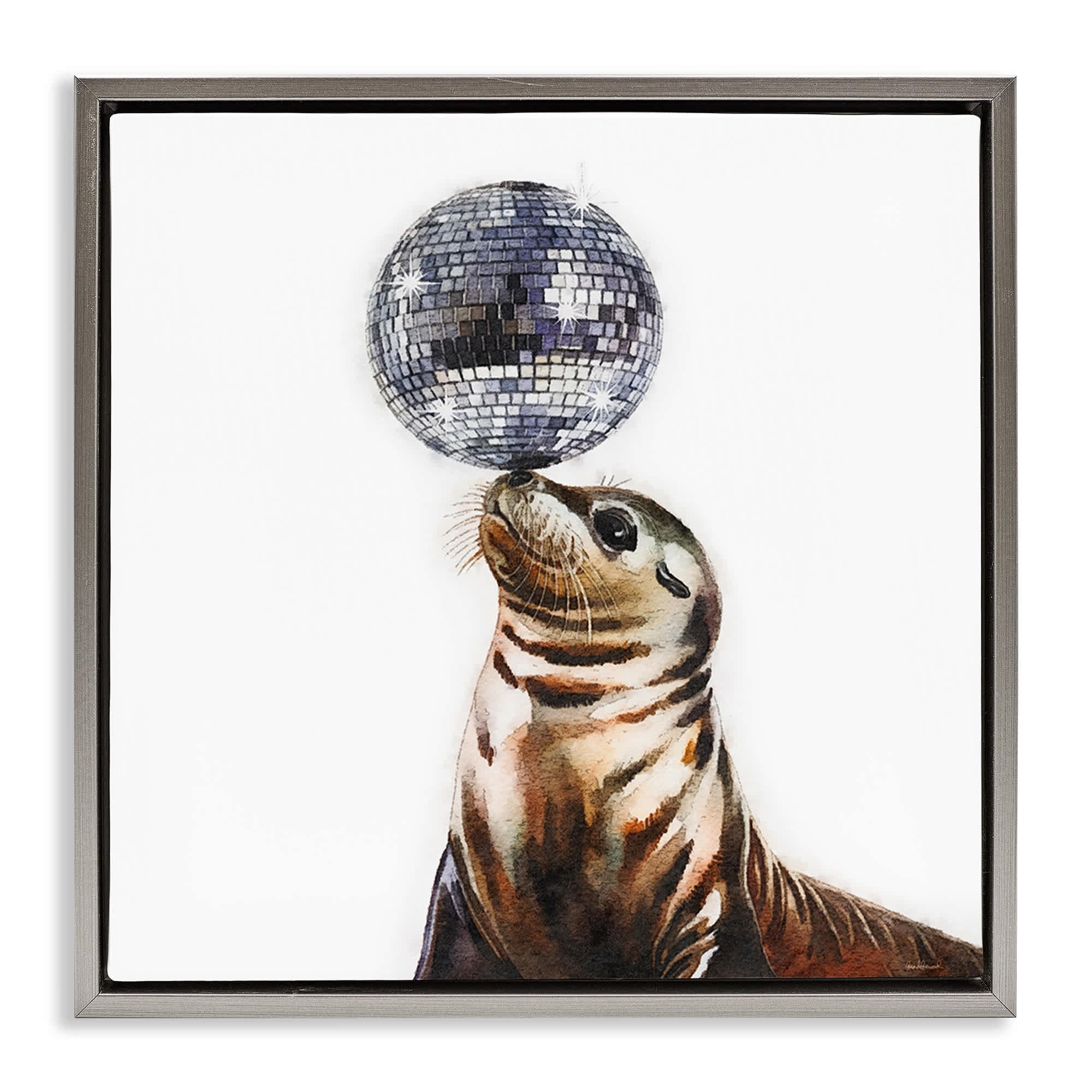 Stupell Industries Seal Balancing Disco Ball Gray Framed Floater Canvas ...