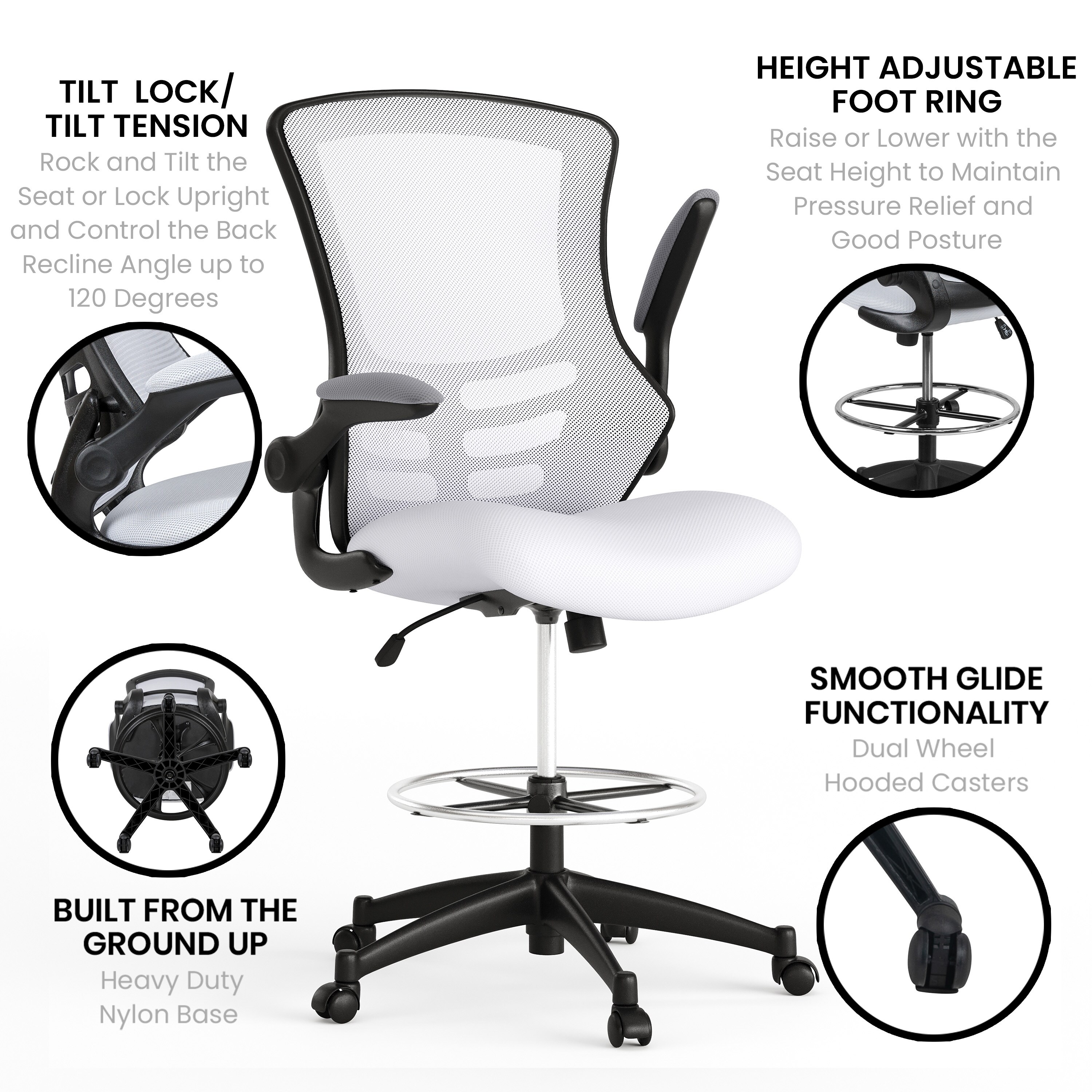 Emma + Oliver Mid-Back White Mesh Ergonomic Drafting Chair with Foot ...