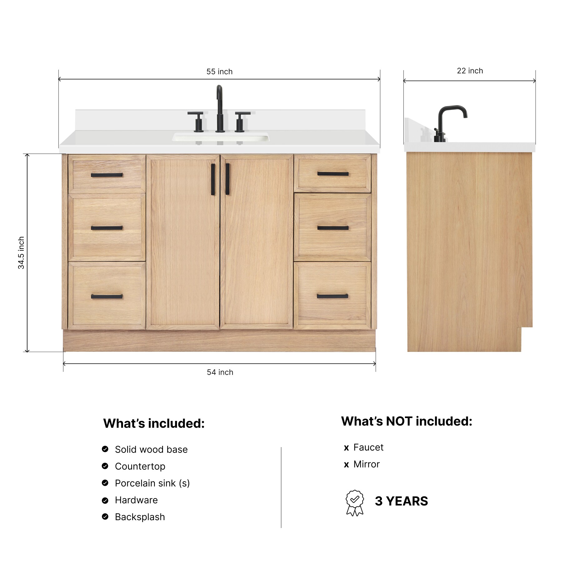 ARIEL Kelly 54-in Oak Undermount Single Sink Bathroom Vanity with Pure ...
