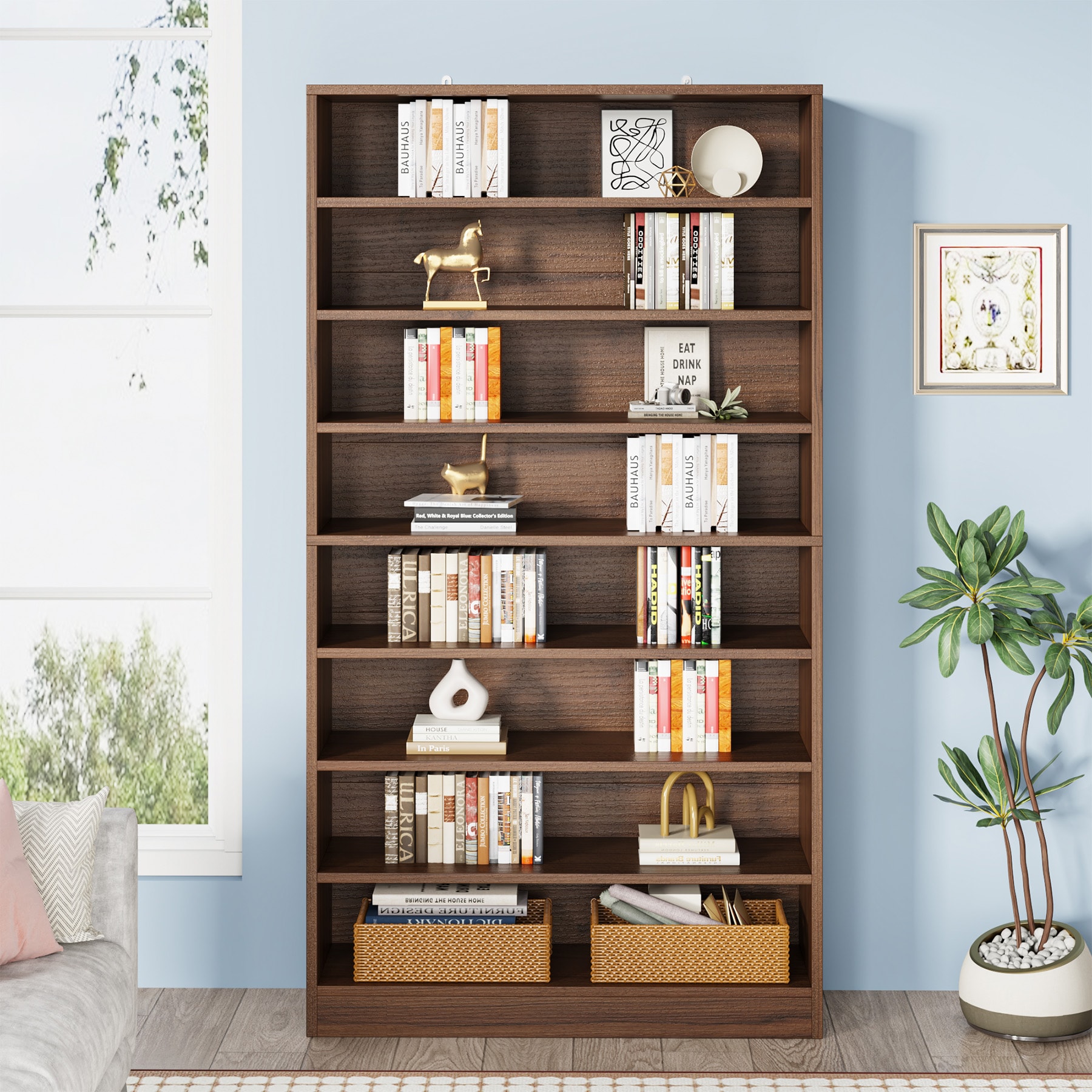 Tribesigns Bookcase Brown Metal 9 -Shelf Corner Bookcase ( 32-in W x 71 ...