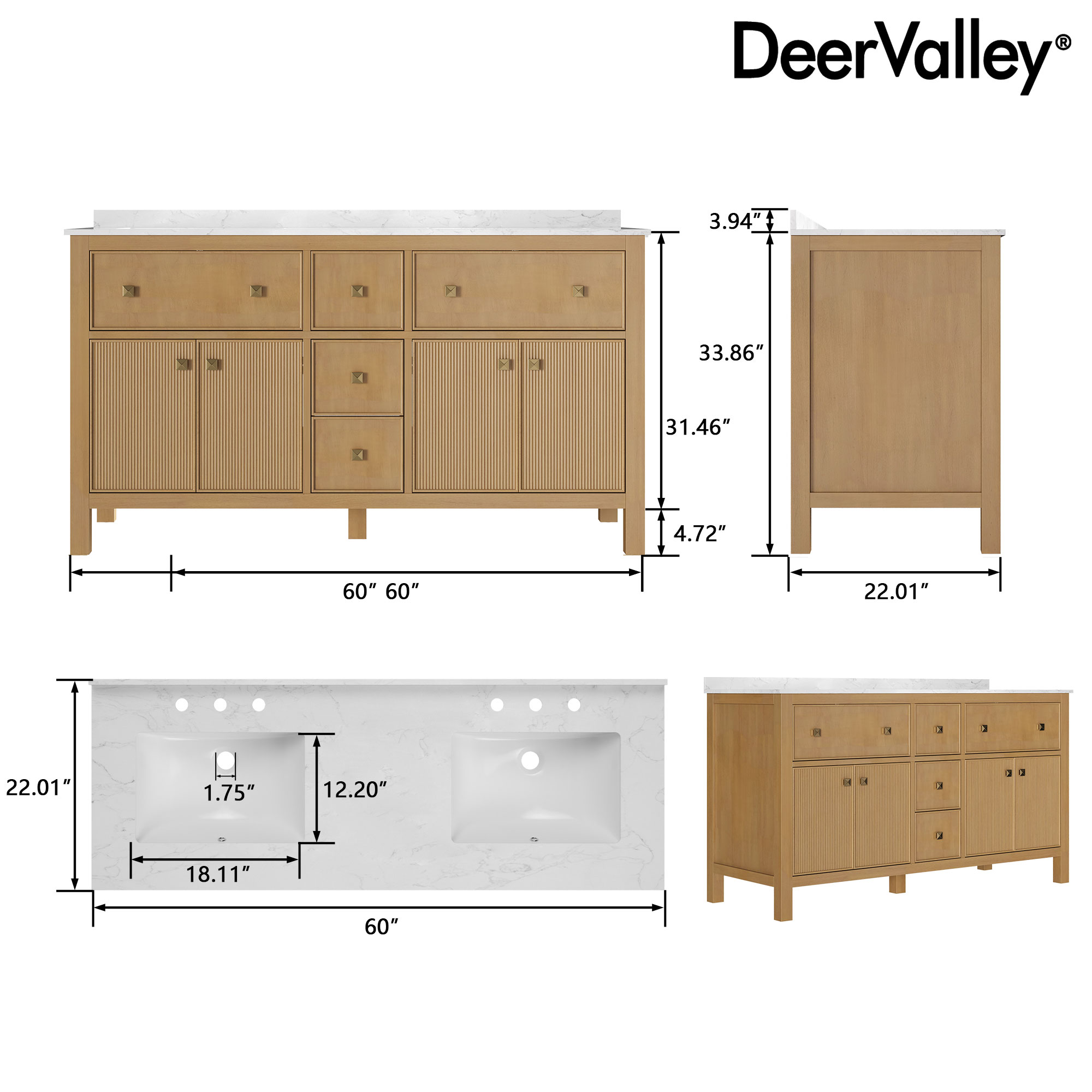 DeerValley 60-in Walnut Undermount Double Sink Bathroom Vanity with ...