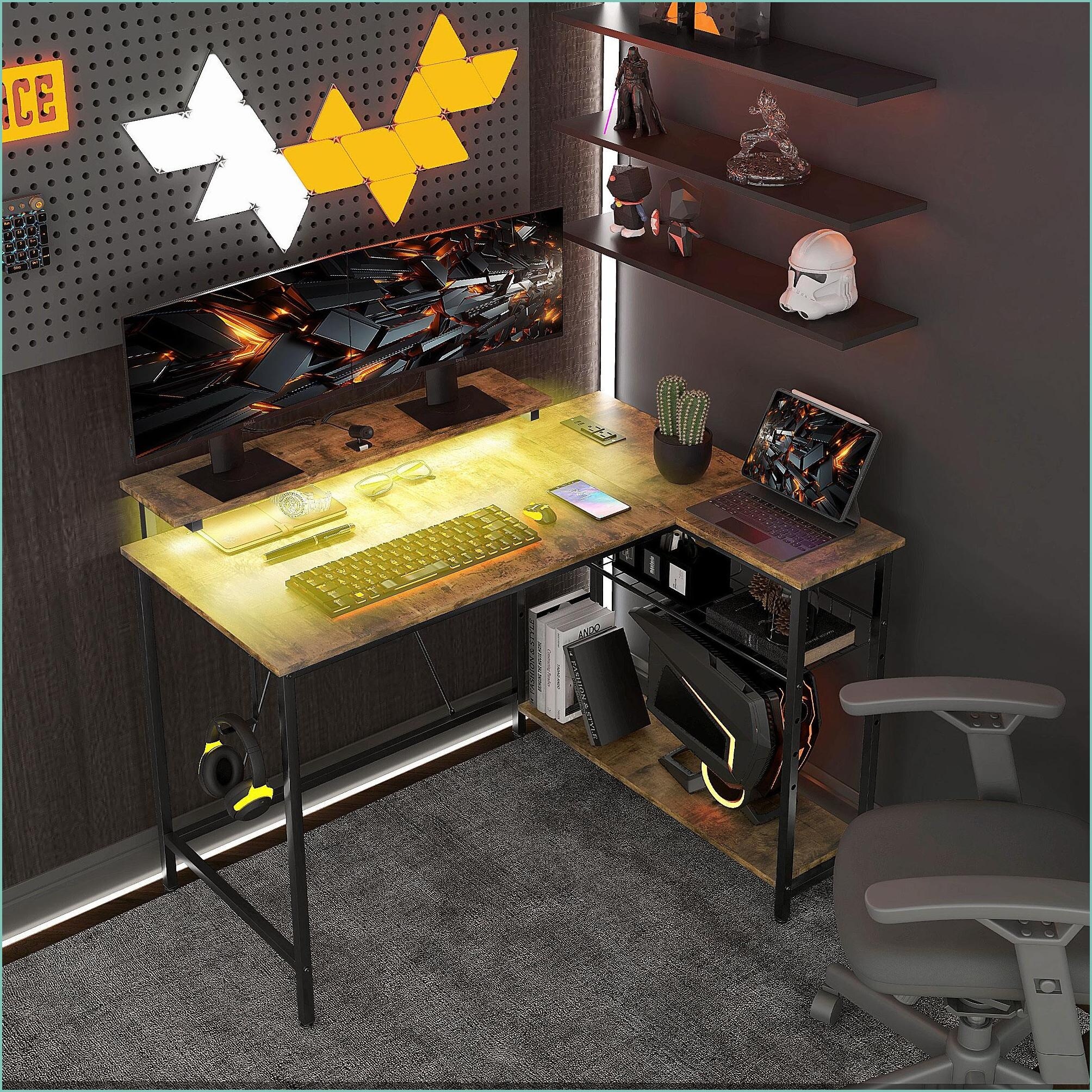 SunJet Desks 42in L Shaped with LED Lights PowerUSB Ports Reversible ...