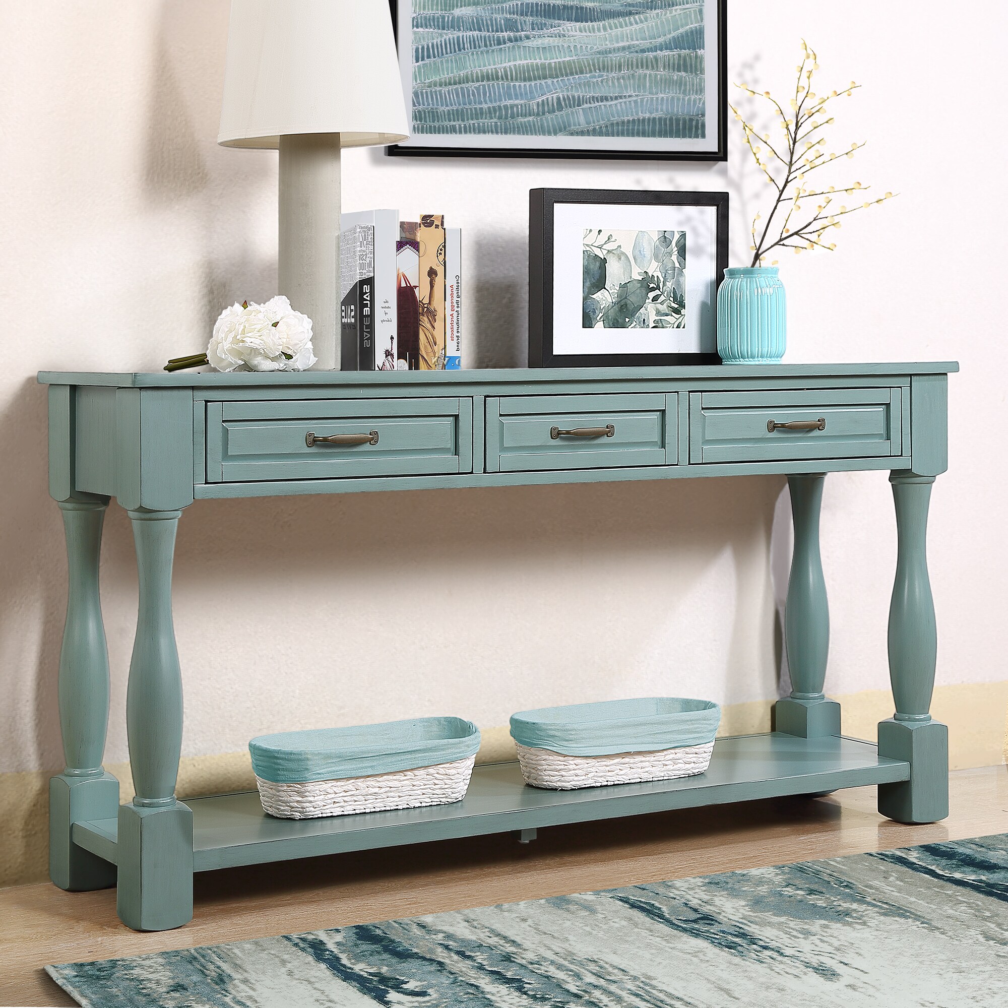 LUXEYARD 63 Inch Long Retro Blue Console Table with 3 Drawers and ...