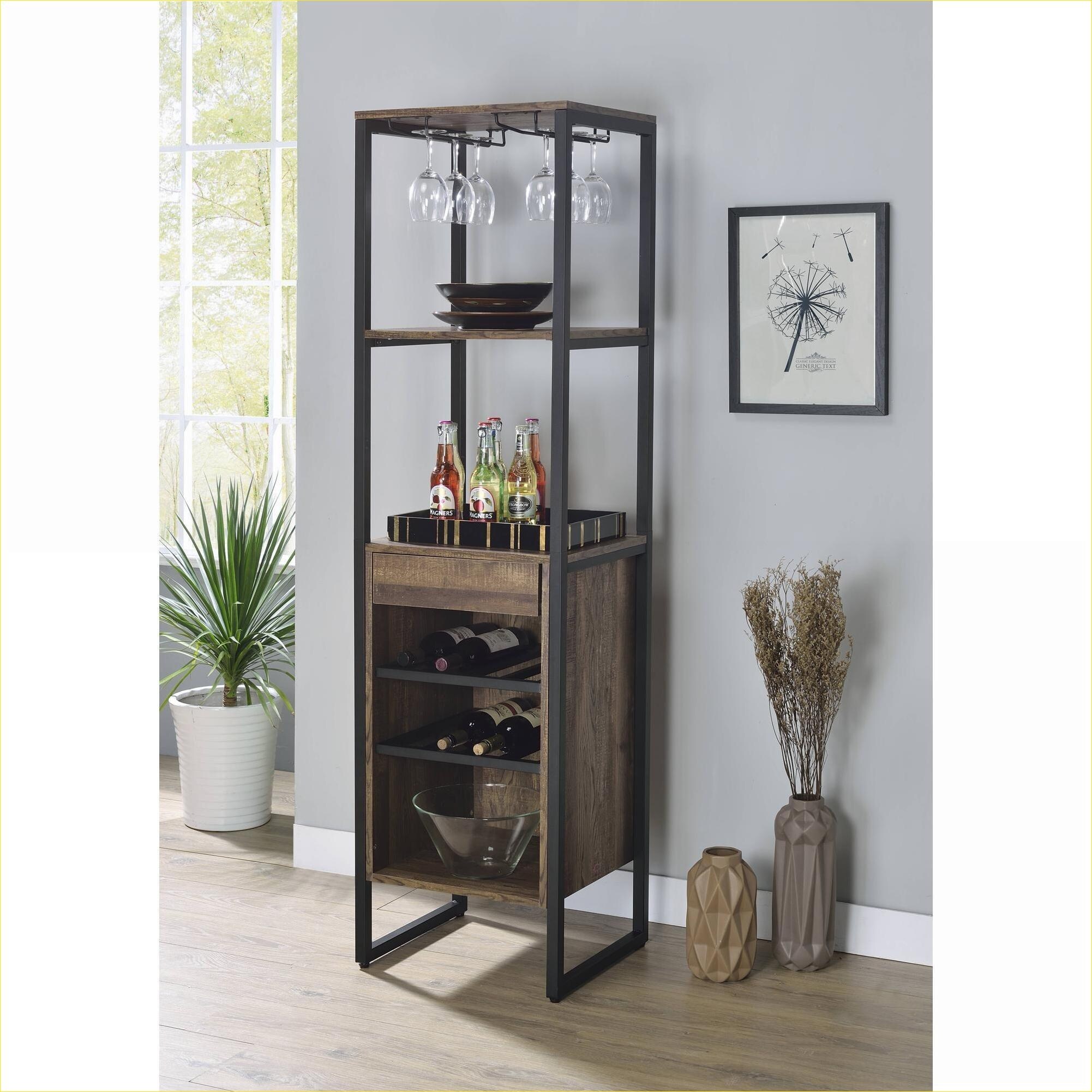 Watnature Weathered Oak and Matte Black Wine Rack with 1 Storage Drawer ...