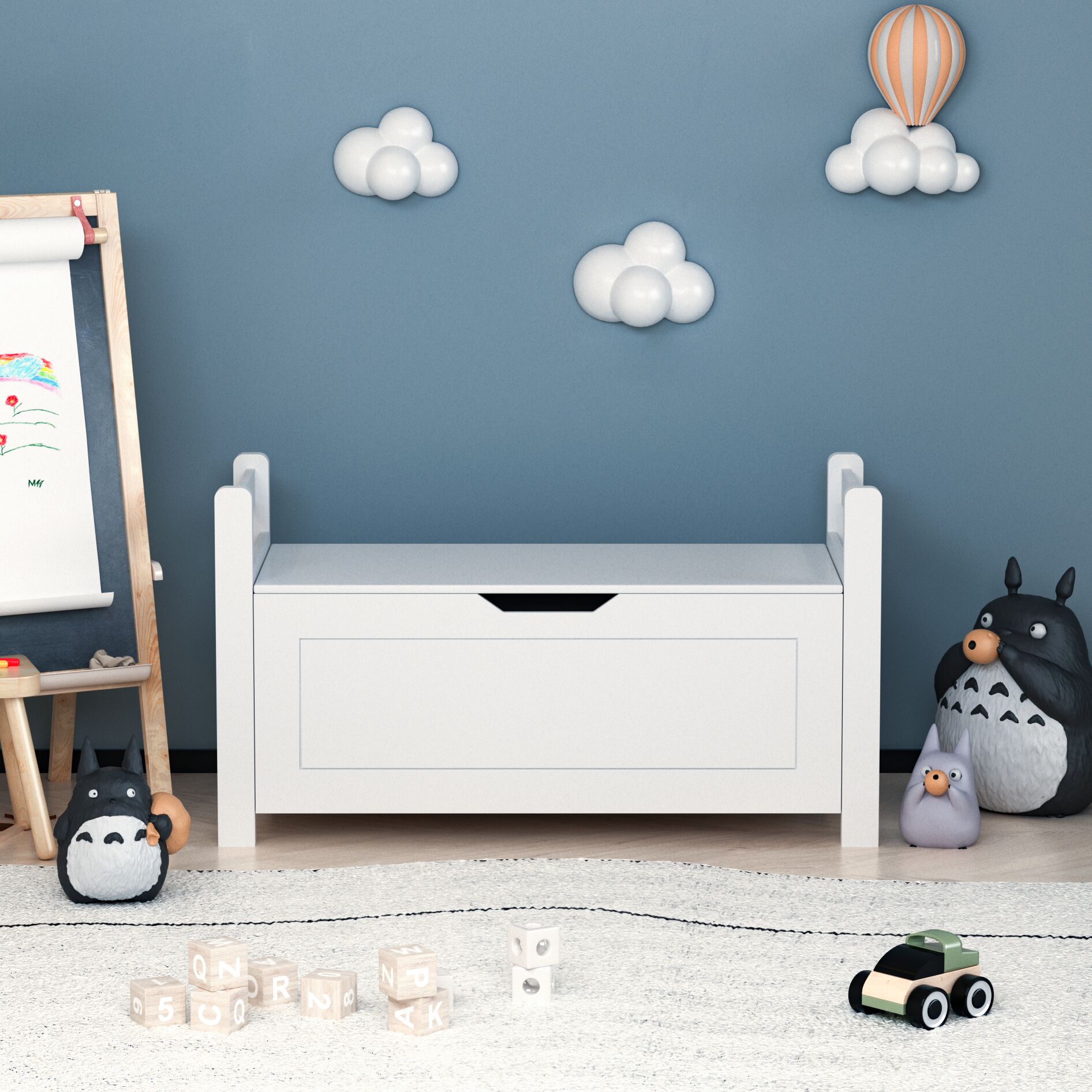 Huluwat XJ Kids Toy Box Chest White Rubber Wood Toy Box for Boys Girls ...