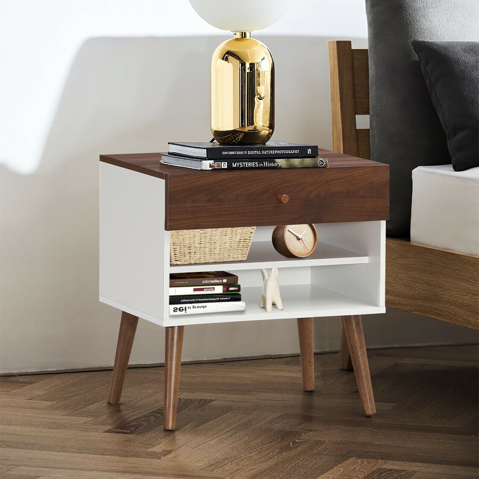 Slickblue Walnut and White Mid-Century MDF Nightstand with Drawer and ...