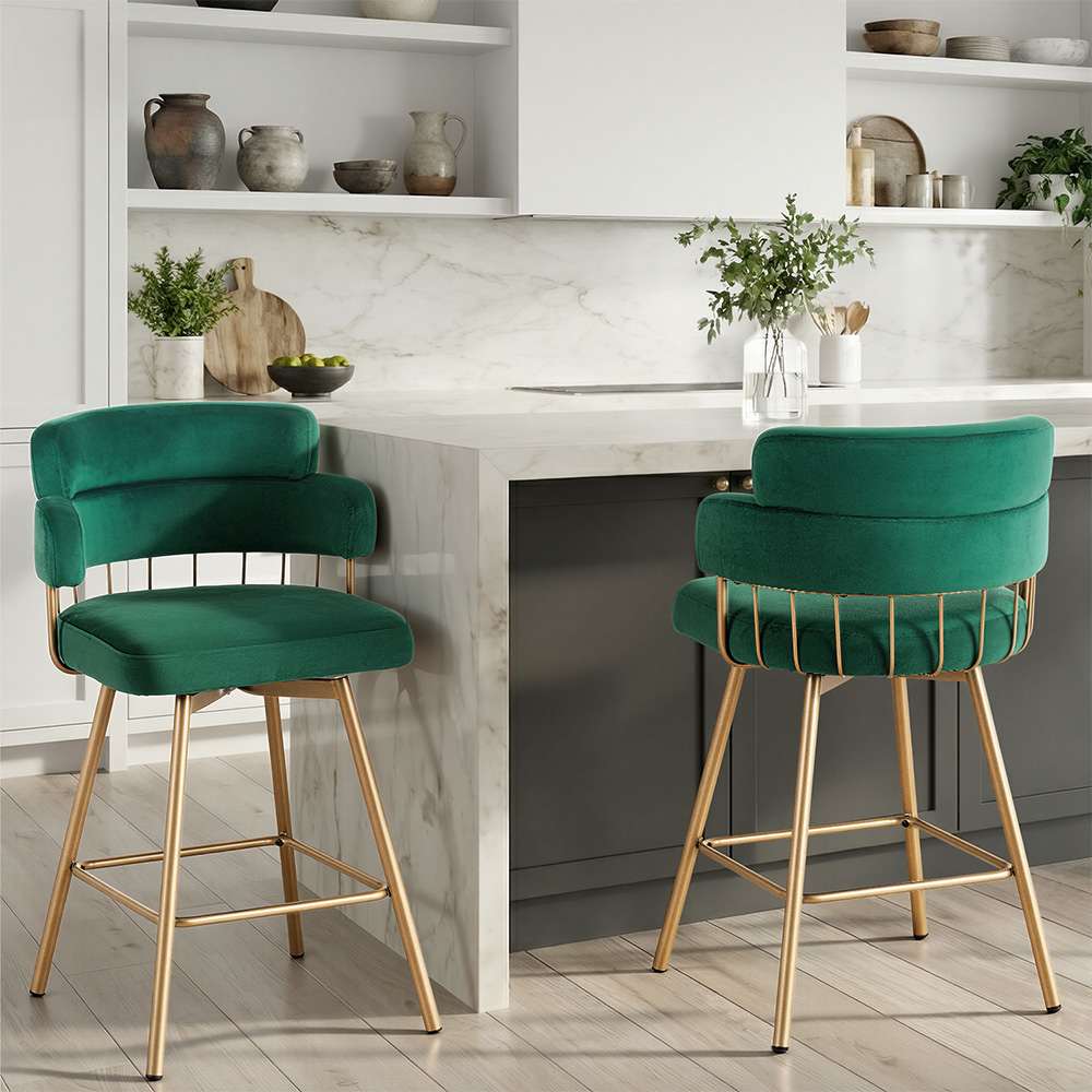 Coolbibila Set of 2 Green Swivel Bar Stools Modern Upholstered Bar ...