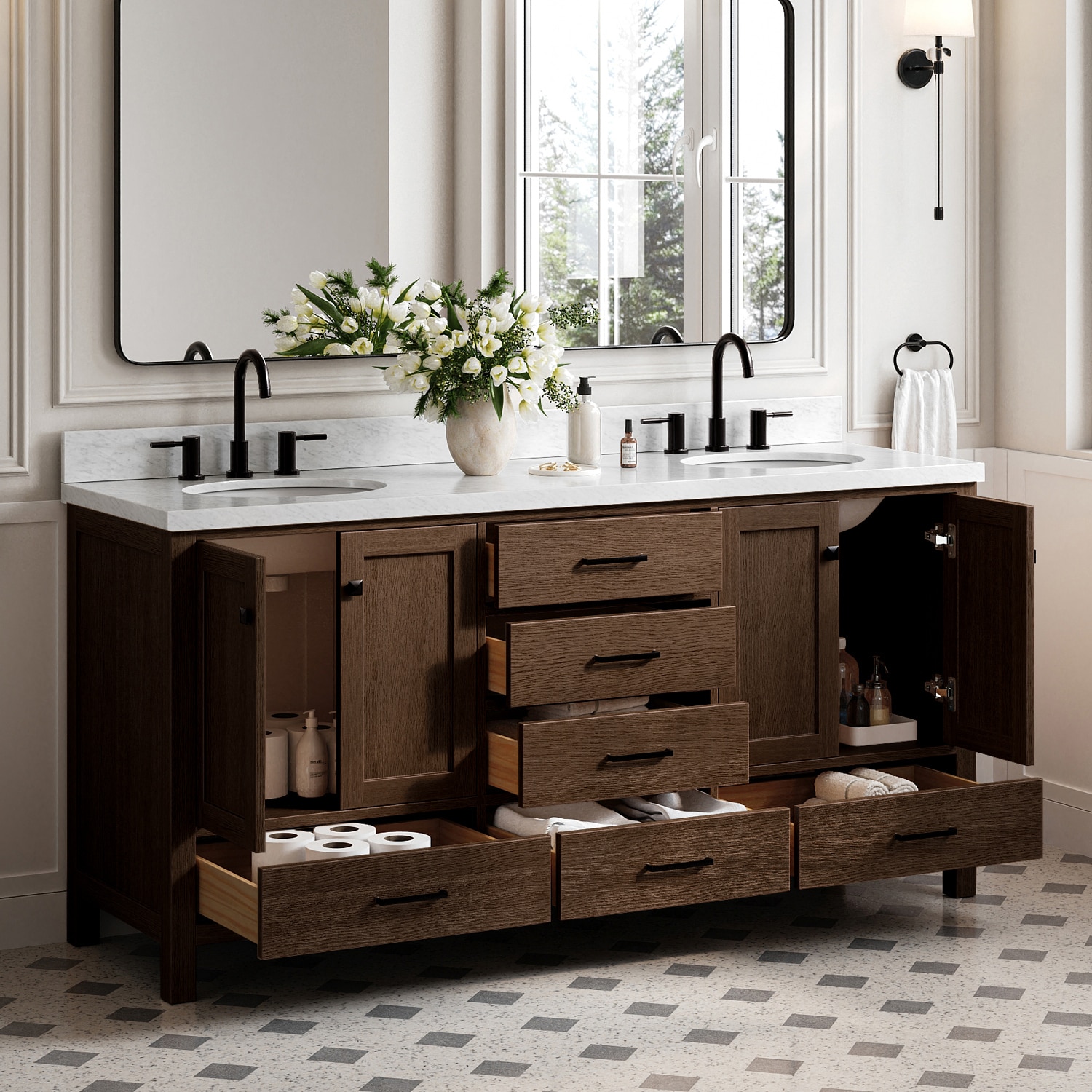 ARIEL Cambridge 72-in Brown Oak Undermount Double Sink Bathroom Vanity ...